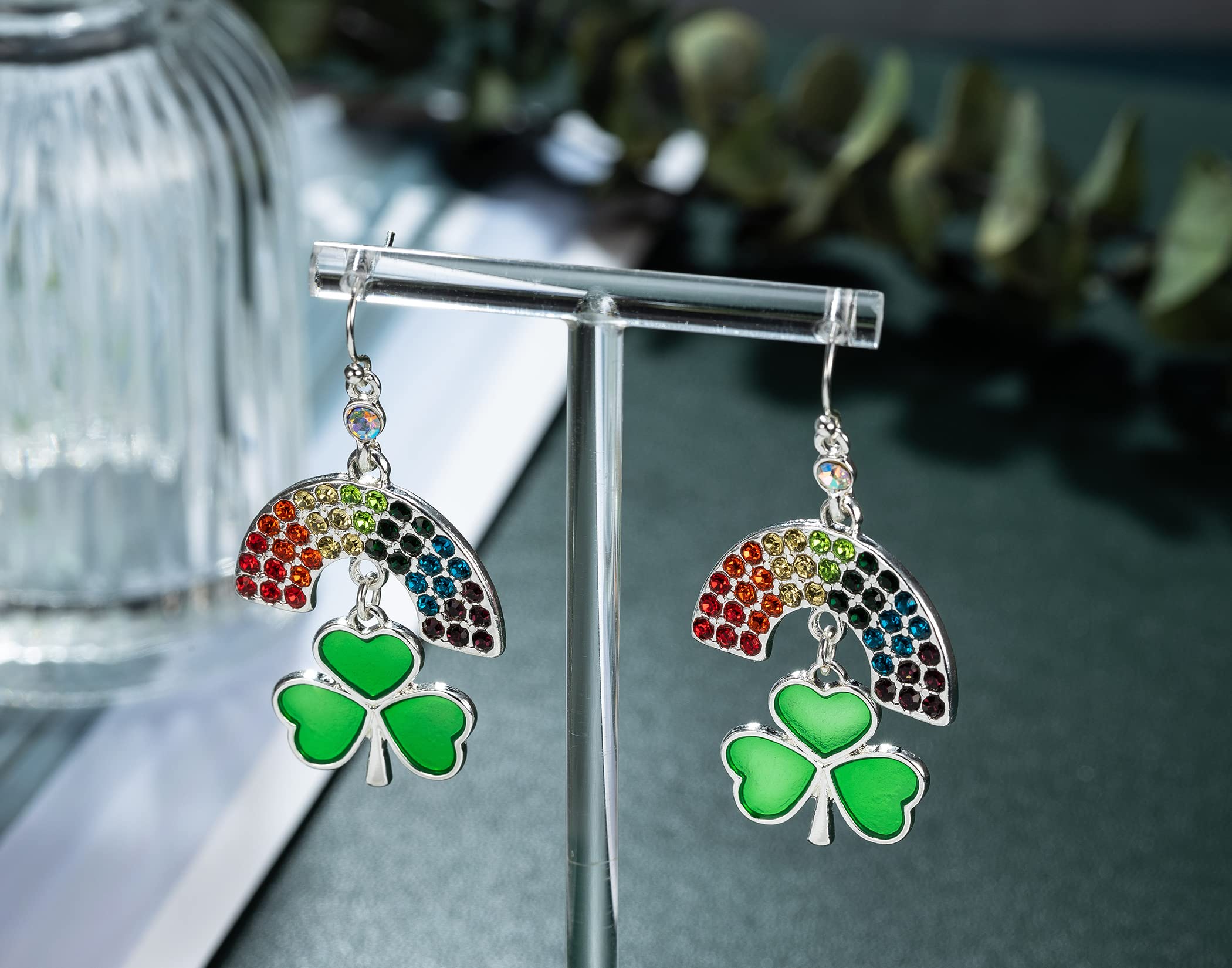 RareLove Silver Plated Rainbow with Shamrock Piercing Dangle Earrings Alloy Crystal St Patrick's Day Gift For Women