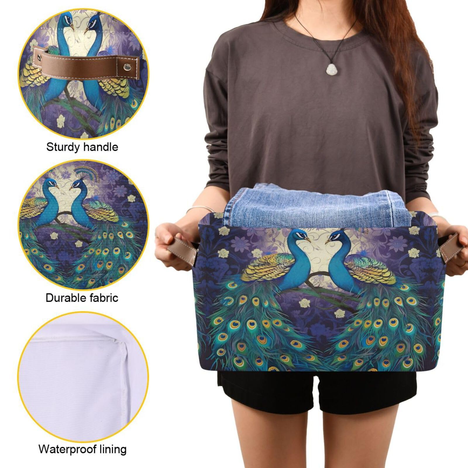xigua Peacocks Pattern Storage Bins Foldable Canvas Fabric Storage Basket with Handles for Organizing, Large Storage Baskets for Shelves Closet