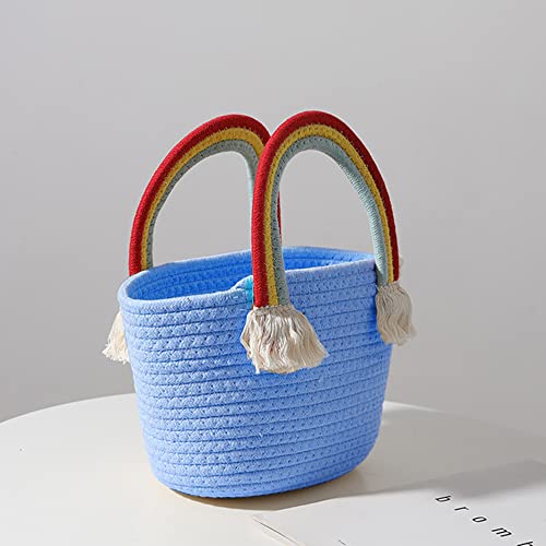 QTK Beach Tote Handmade Cotton Woven Rainbow Bag, Summer Beach Bags for Women, Color Tassel Rainbow Handle(Blue)