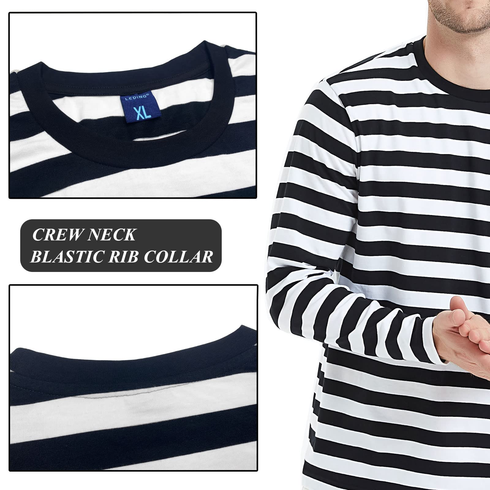 LEDING Mens Shirt Black White Casual Cotton Spandex Striped Crewneck Long-Sleeve T-Shirts Basic Pullover Striped Men
