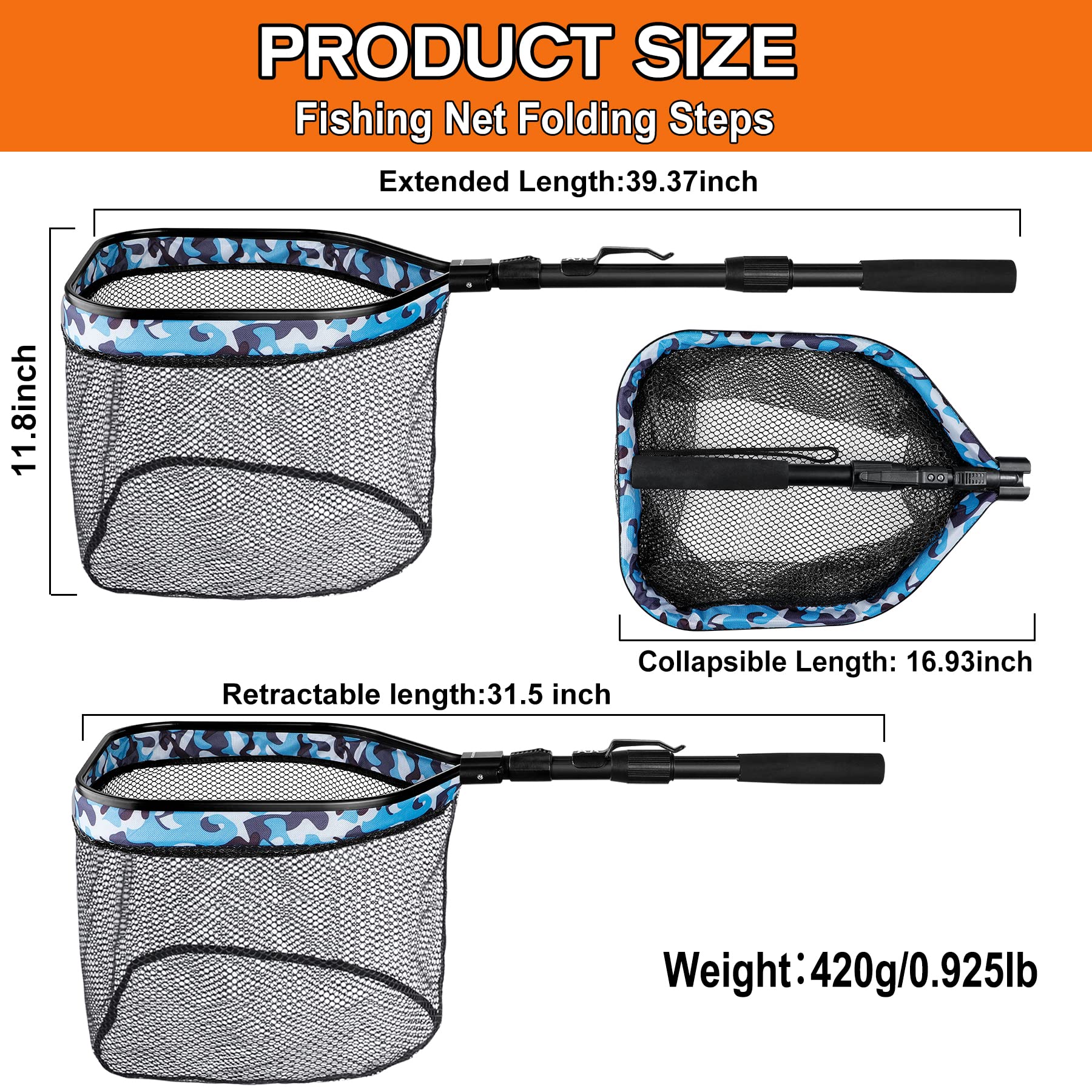 PLUSINNO Floating Fishing Net for Steelhead, Salmon, Fly, Kayak, Catfish, Bass, Trout Fishing, Rubber Coated Landing Net for Easy Catch & Release, Compact & Foldable for Easy Transportation & Storage