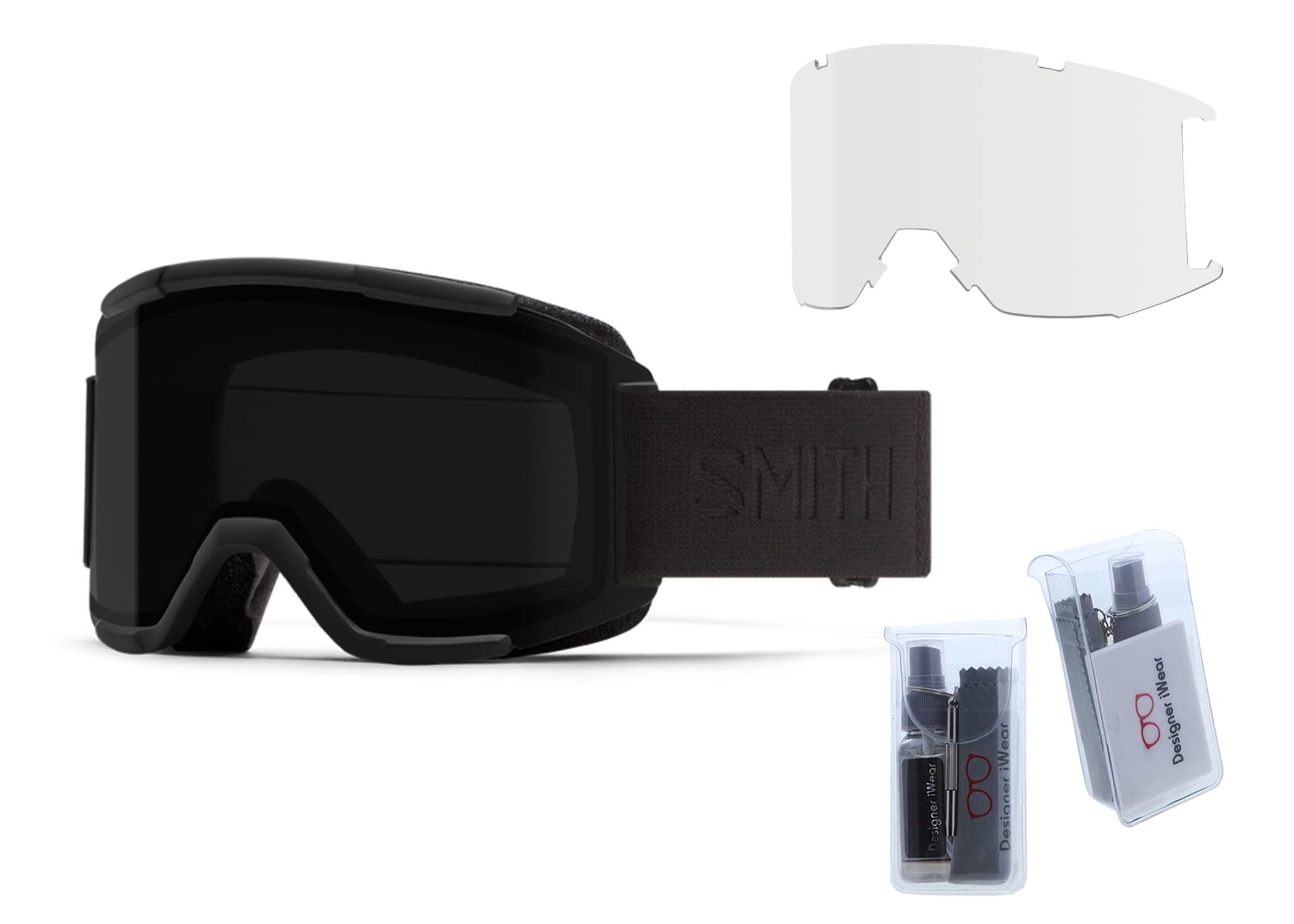 Smith Squad Black/ChromaPop Sun Red Mirror Medium fit Ski Goggles for Men for Women + SMITH Spare Yellow Lens + BUNDLE with Designer iWear Eyewear Kit