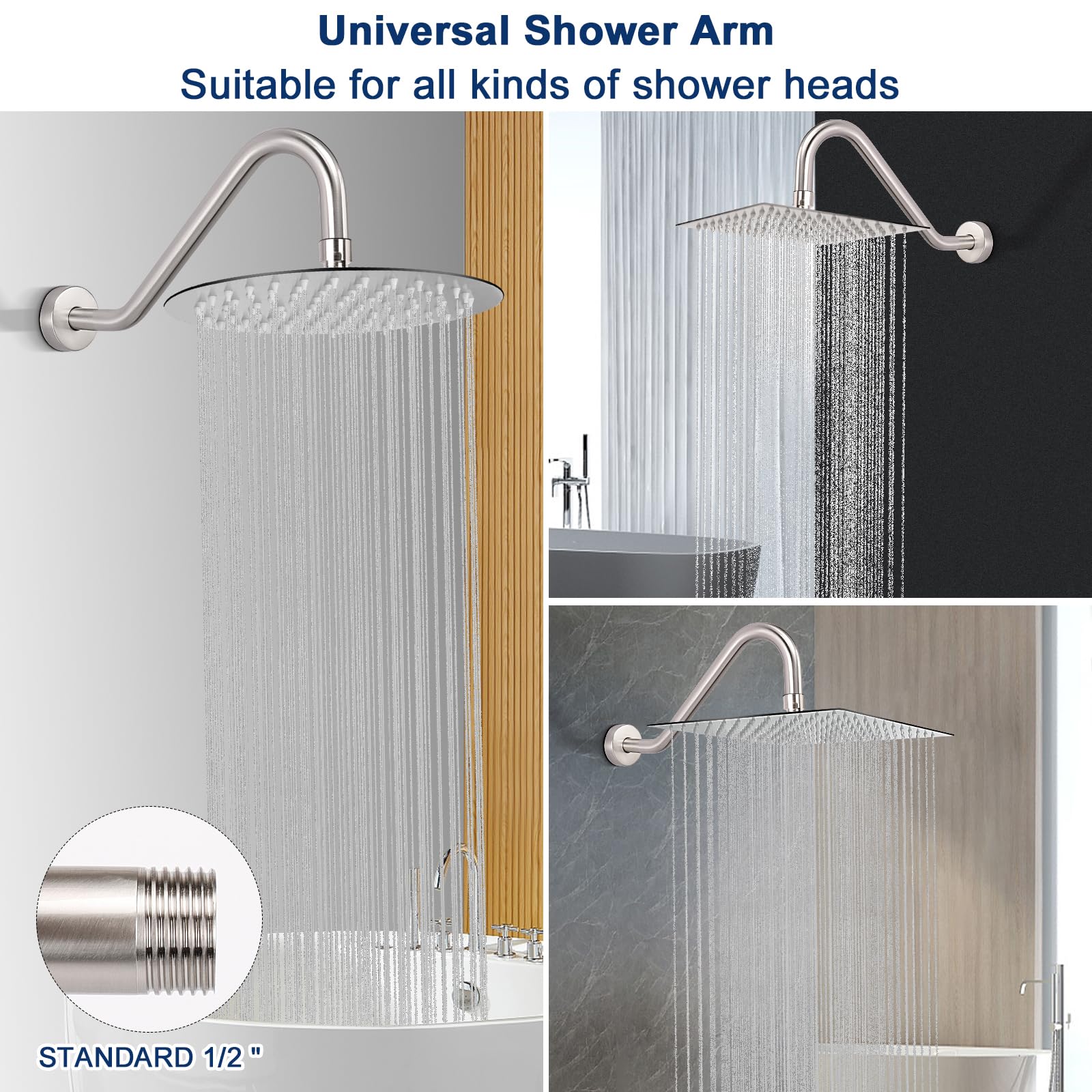 NearMoon J Shaped Shower Head Extension Arm, Stainless Steel Shower Head Height Extender with Flange, Riser Pipe Design for Cozy Shower Experience, Standard 1/2" Connection (12 Inch, Brushed Nickel)