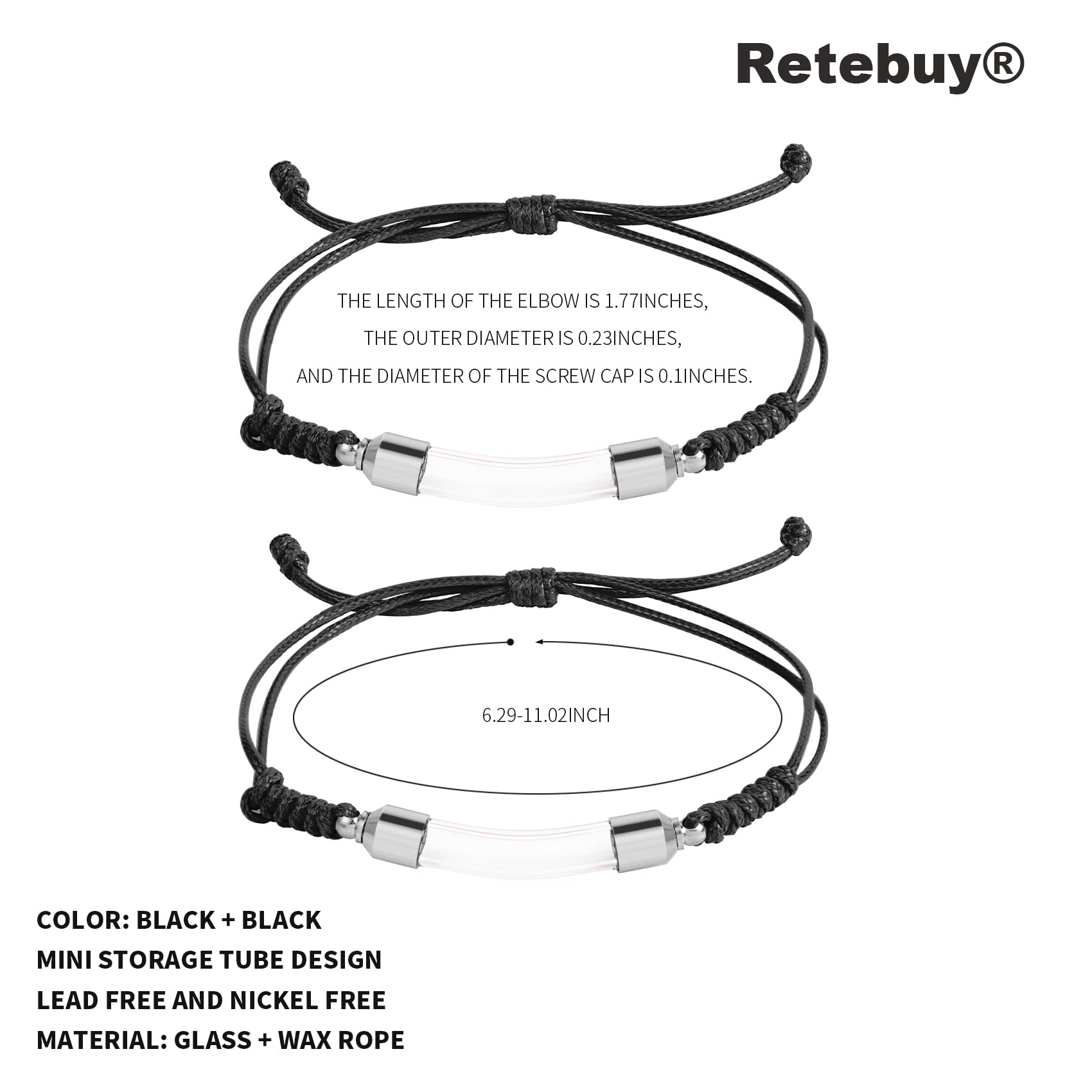 Retebuy 2PCS/Set Couple Rope Bracelets Memorial Bracelets Bangle Adjustable Transparent Glass Tube Bracelet,Double Black
