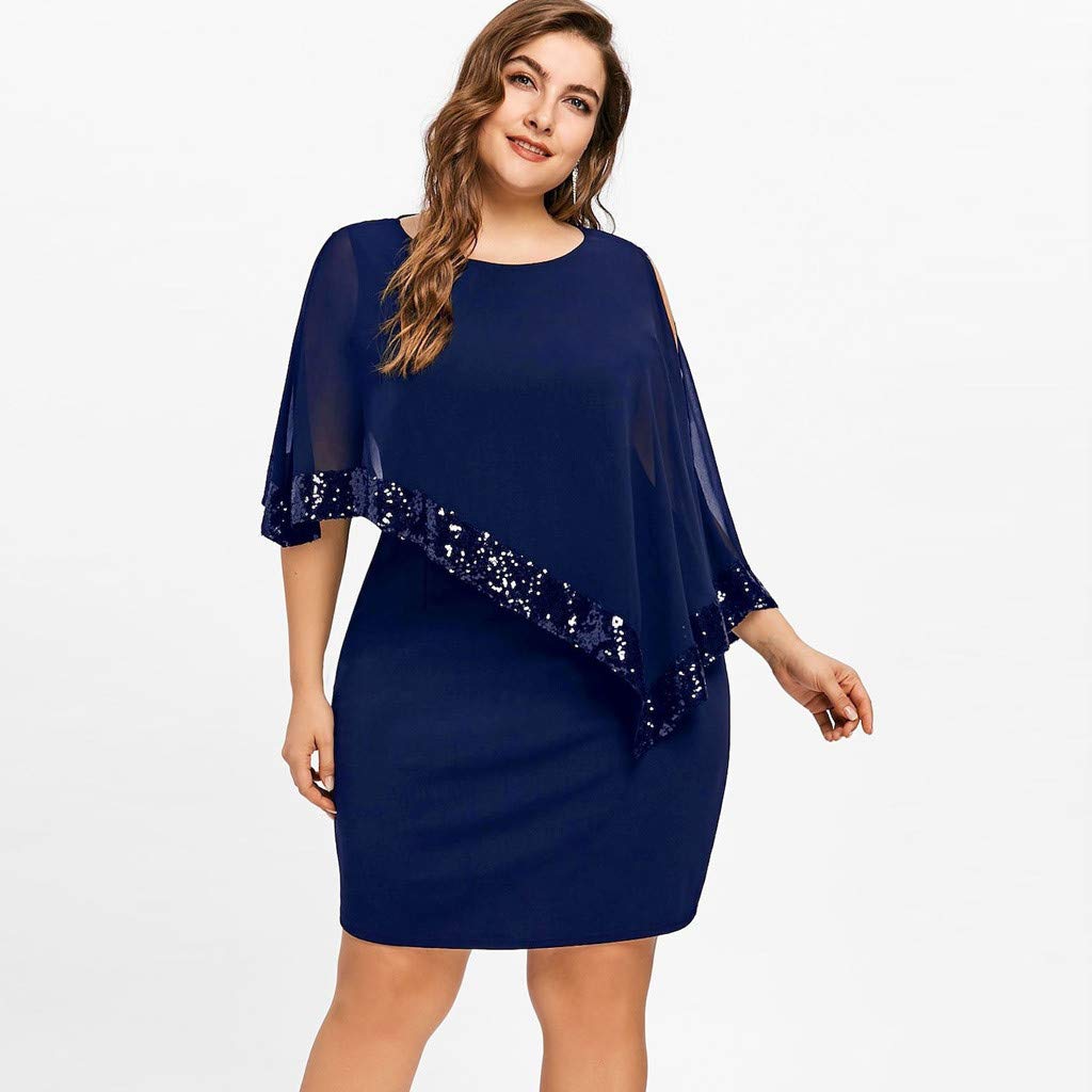 Mikilon Plus Size S-5XL Cold Shoulder Mini Dress for Women Sexy Shawl O Neck Bodycon Blue