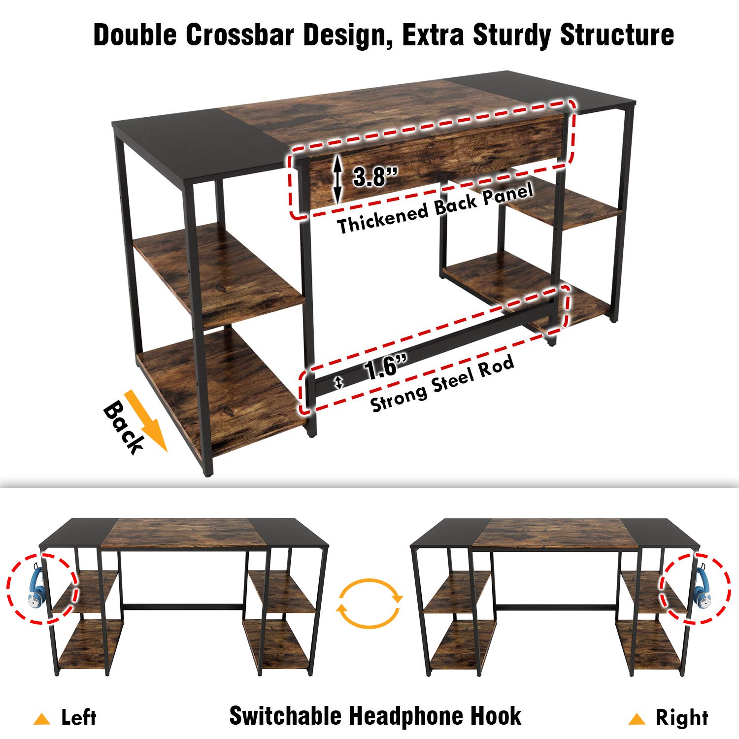 Nost & Host Home Office Computer Desk 55 inch with 4 Storage Shelves and Headphone Hanger Dual Monitor Study Writing Table Desk Modern Simple Laptop Desk Splice Board Rustic Brown and Black