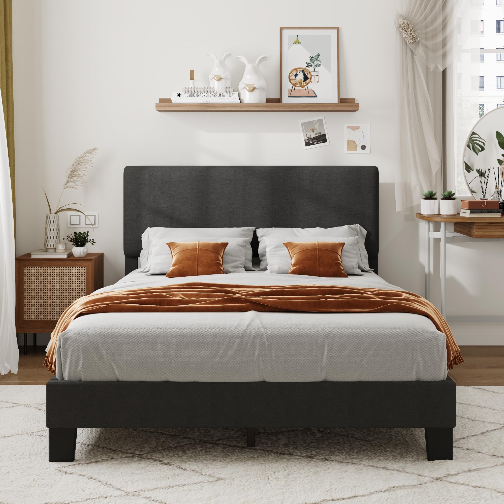Lifezone King Bed Frame with Headboard,Linen Upholstered Bed Frame with Wood Slats Support,No Box Spring Needed,Heavy Duty Feet,Easy Assembly,Dark Grey