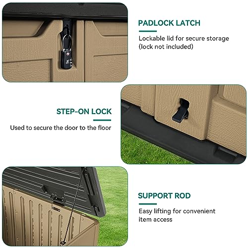 YITAHOME Large Outdoor Horizontal Storage Shed, 47 cu ft Resin Tool Shed w/o Shelf, Outdoor Waterproof Storage with Floor for Trash Cans, Garden Tools, Lawn Mower, Lockable, 4.5x2.8x3.9 ft, Brown