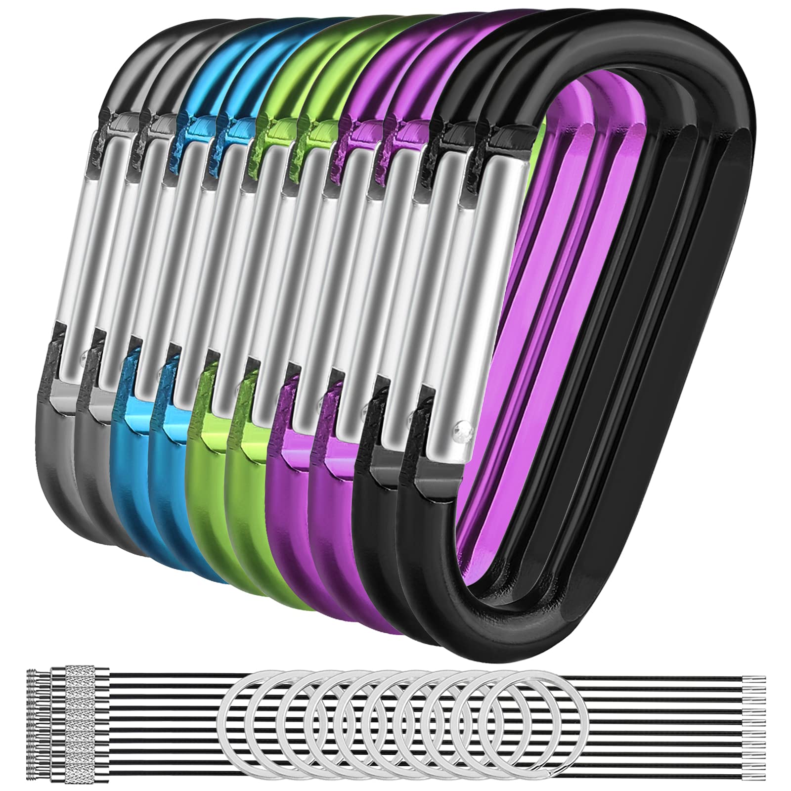 Michael Josh 10PCS 3" Carabiners Caribeaner Carabeaner Hooks Clips,D Ring Shap with 10PCS Wire Keychain + 10PCS Carabeeners Keyrings(Multi-Color)