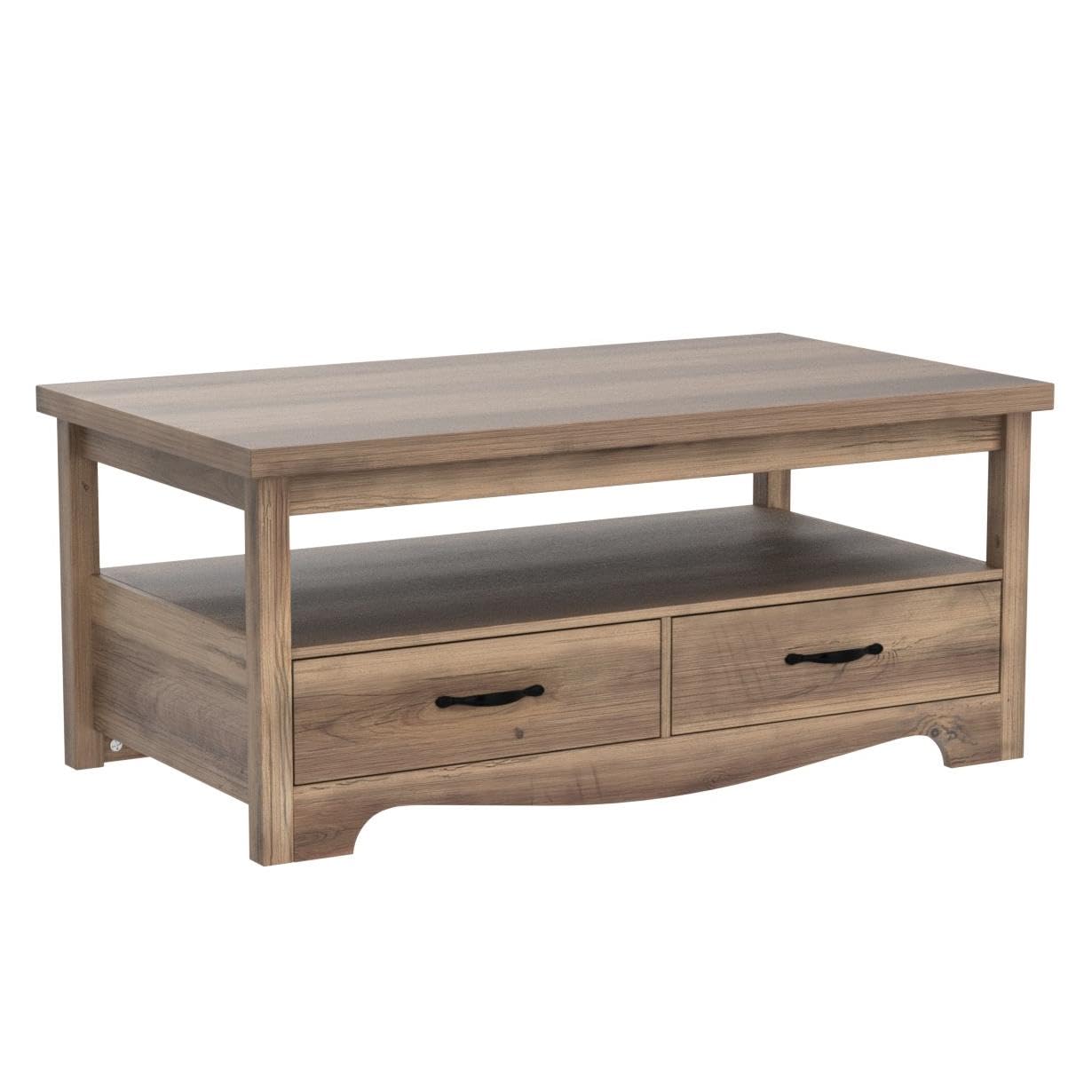 LINSY HOME Farmhouse Coffee Table with Storage, Wood Coffee Table for Living Room, Open Display Area and Storage Drawers with Metal Handles, Chic Style with Curved Base. Brown