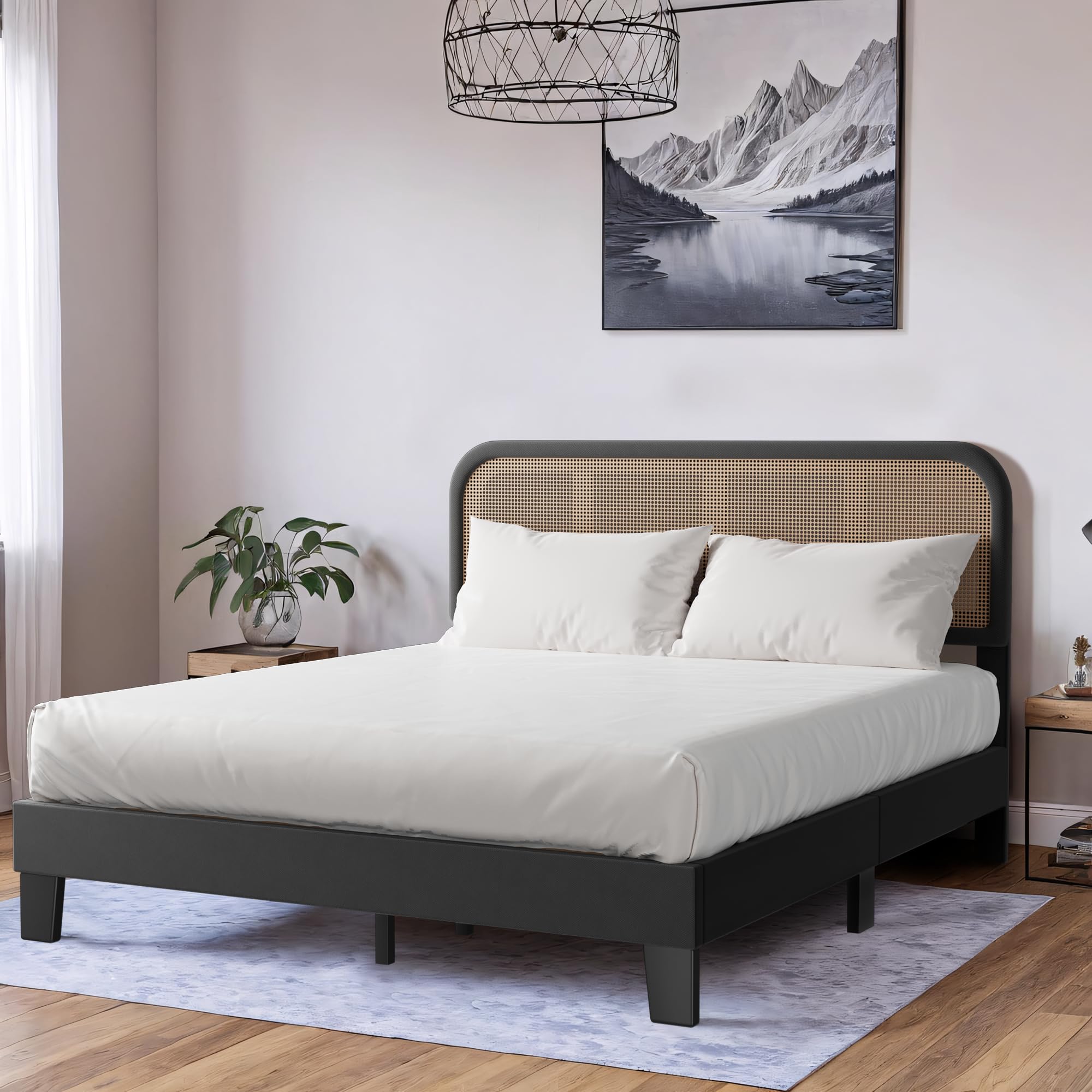 Lifezone Queen Bed Frame with Adjustable Rattan Headboard, Queen Size Bed Frame with Wood Slats Support, Safe Rounded Corner Design, Linen Fabric, High Feet, No Box Spring Needed, Dark Grey