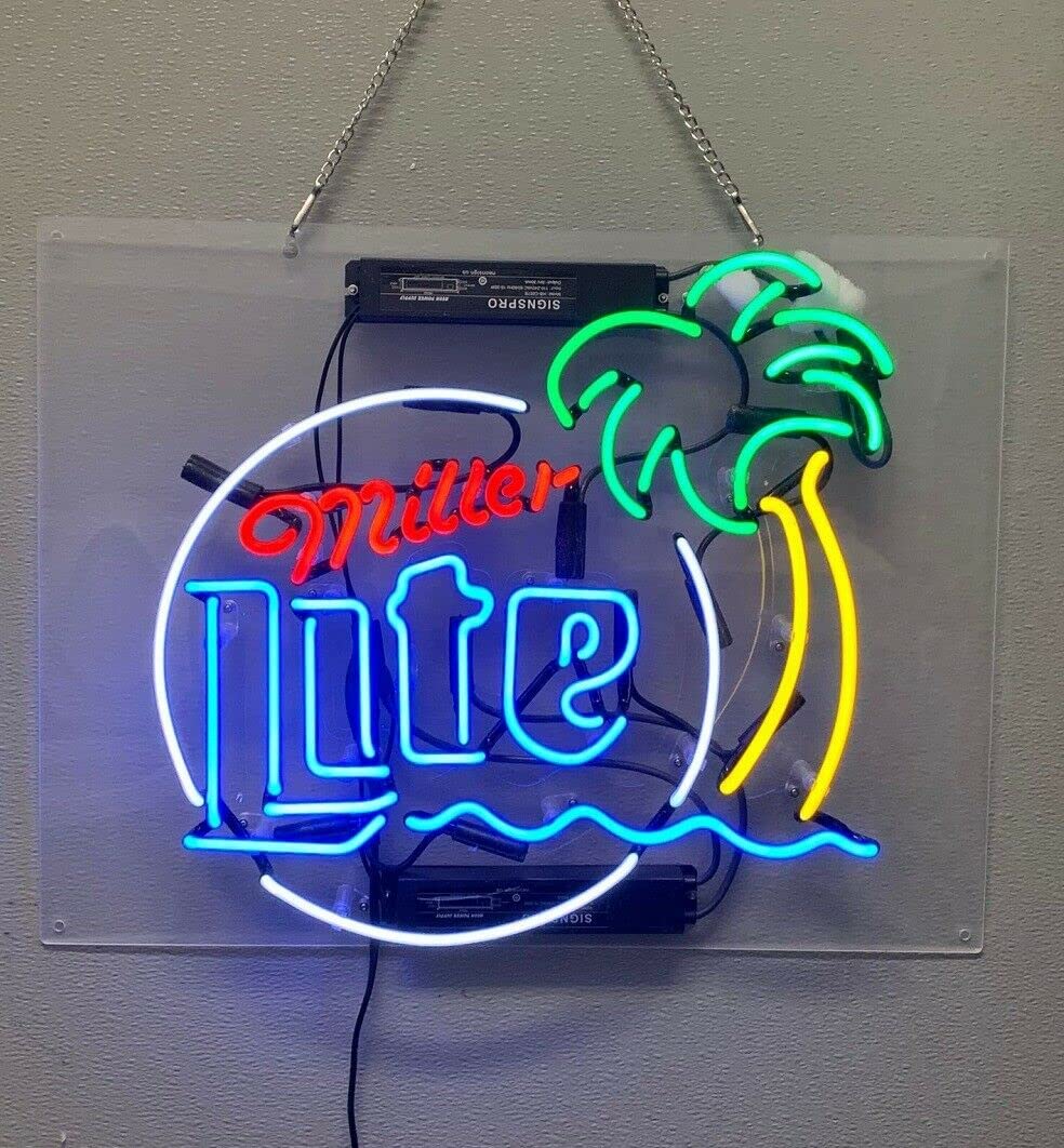 Queen Sense 17" Miller Lites Palm Tree Neon Sign Acrylic Pub Bar Handmade Wall Decor Neon Light A117MLPTA