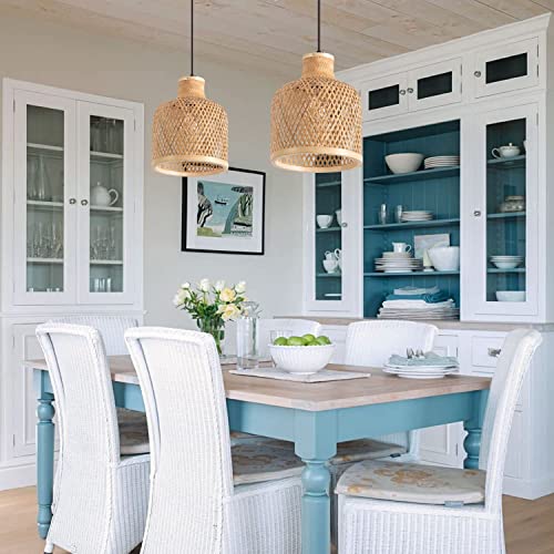Modern Bamboo Woven Pendant Light Set of 2, Coastal Bamboo Wicker Dome Pendant Lighting Fixture for Kitchen Dining Room Living Room Foyer