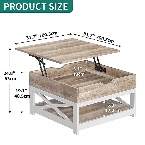 YITAHOME Lift Top Coffee Table, Square Farmhouse Coffee Table, Coffee Table with Double Storage, Rustic Wood Center Table for Living Room,Grey Wash