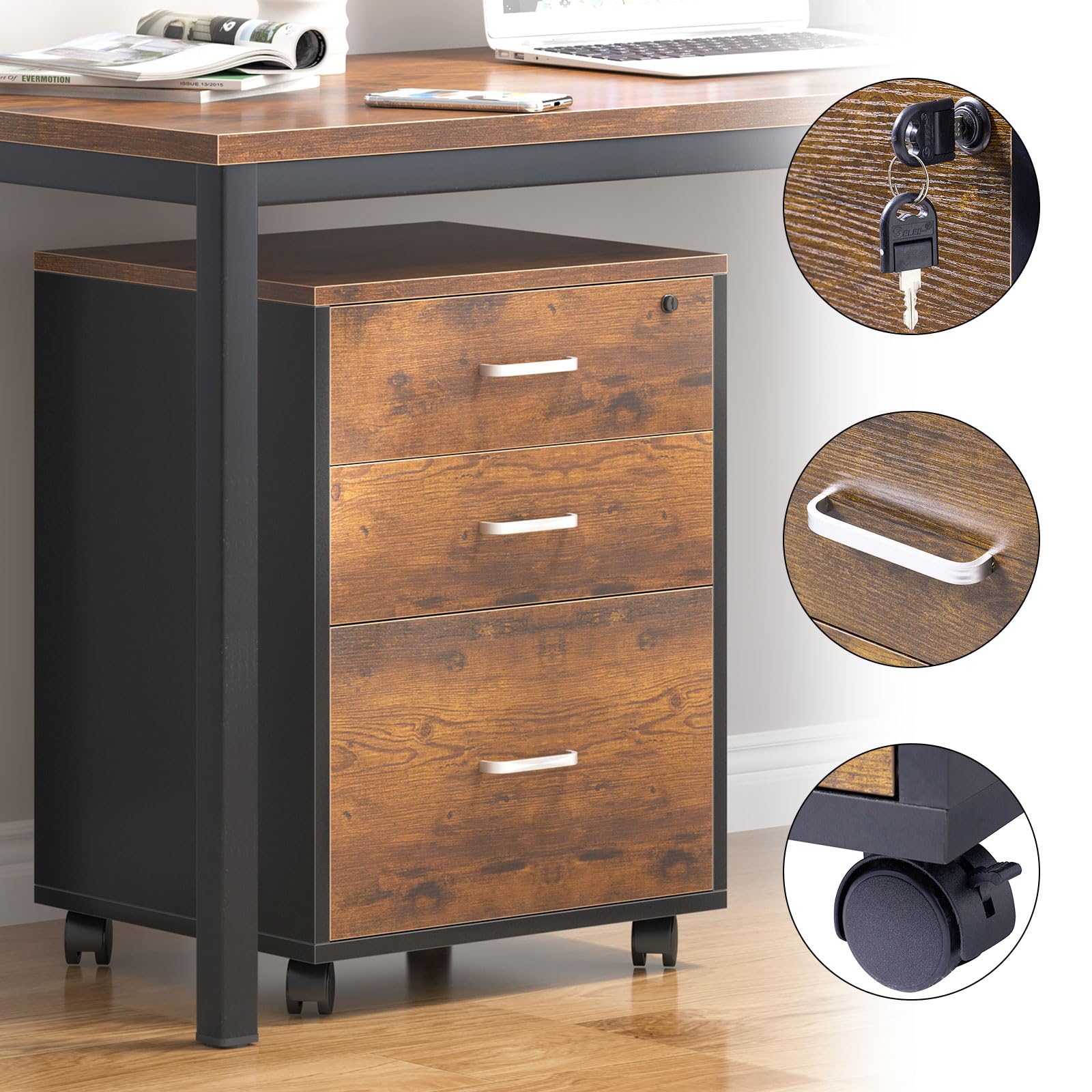 Need 3 Drawer Wood Mobile File Cabinet with Lock,Rolling Filing Cabinet for Letter/A4 Size for Home Office,Rustic Brown 10CZSSFC04FG-ND