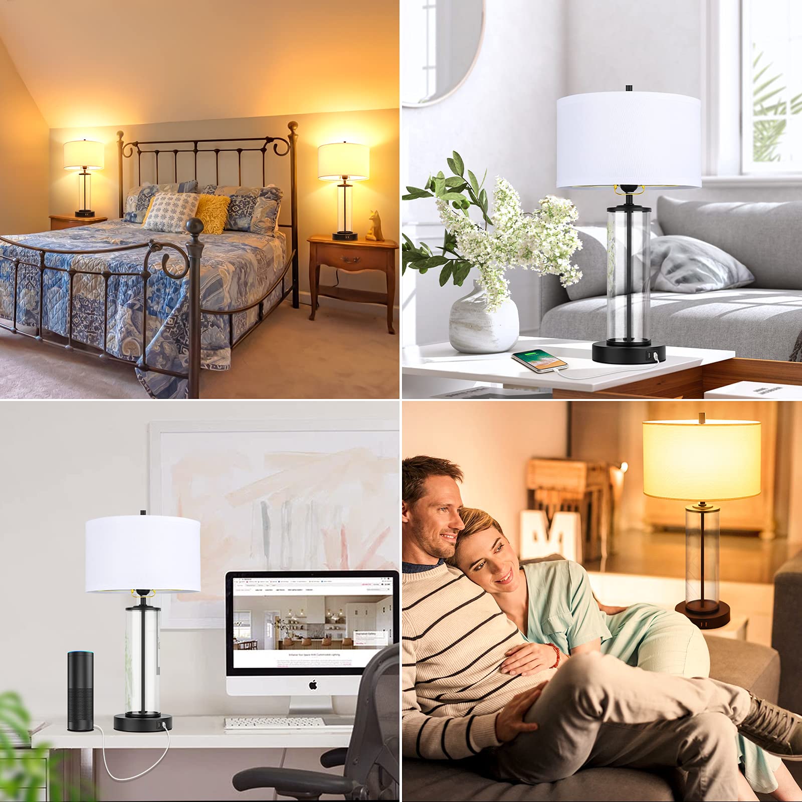 Modern Touch Control Dimmable Table Lamps with 2 USB Ports for Living Room Set of 2, 3-Way Dimmable Bedside Lamps with White Fabric Drum Shades for Reading Bedroom Nightstand Hotel, LED Bulbs Included