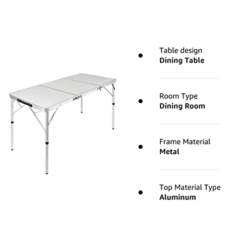 REDCAMP Tri-fold Aluminum Folding Table 4 Feet, Lightweight Portable Long Camping Table with Adjustable Heights Legs, Foldable for Indoor Outdoor Picnic, White