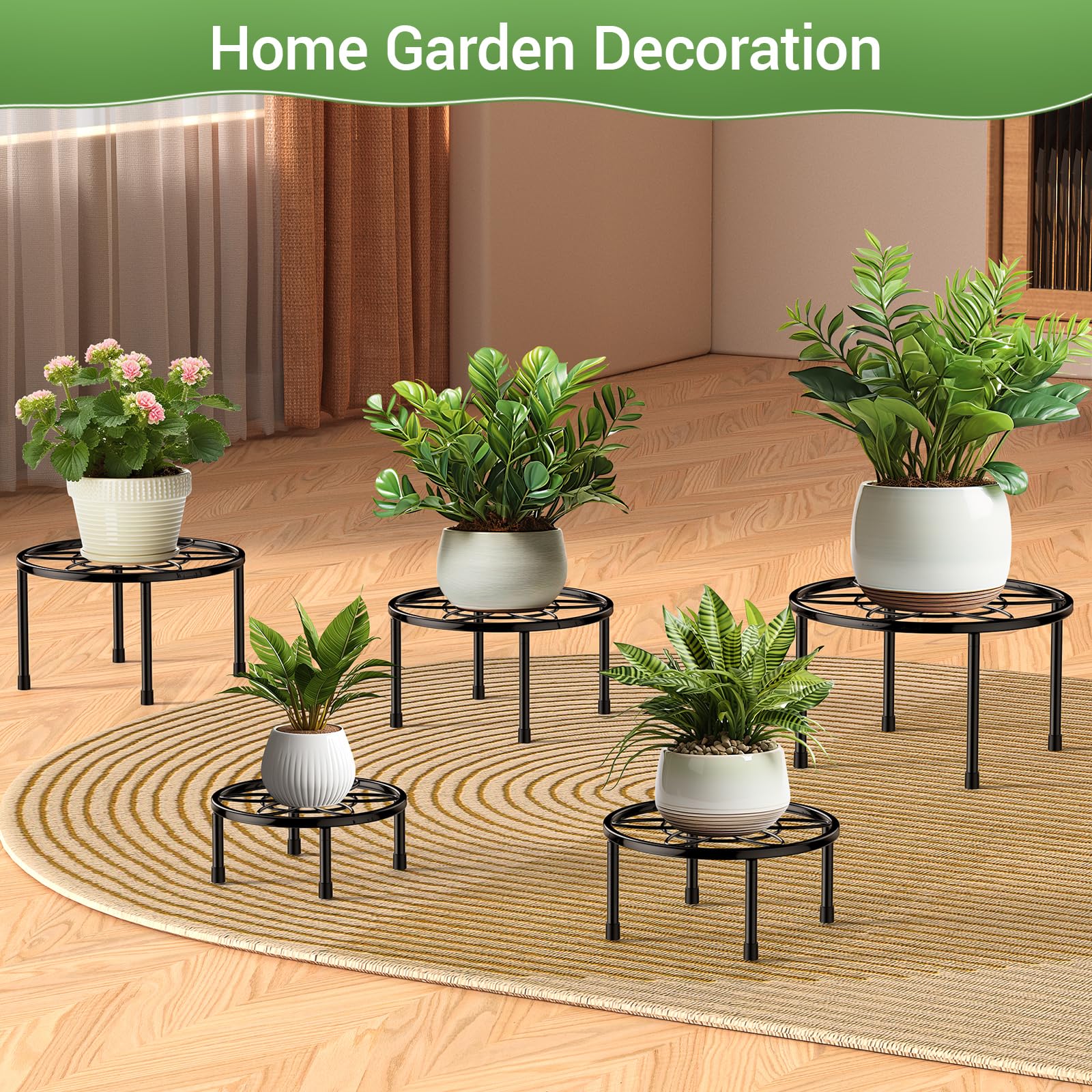 MTCode Metal Plant Stand, 5 Pack Plant Stands for Indoor Outdoor, Flower Pot Stands for Plants, Heavy Duty Planter Stand, Rustproof Iron Round Plants Stand for Home, Garden Decor