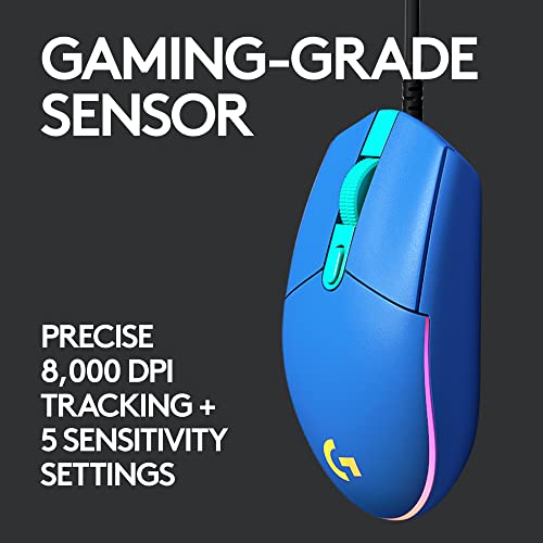 Logitech G203 Prodigy Wired Gaming Mouse, 8,000 DPI, RGB, Lightweight, 6 Programmable Buttons, On-Board Memory, Compatible with PC/Mac - Blue