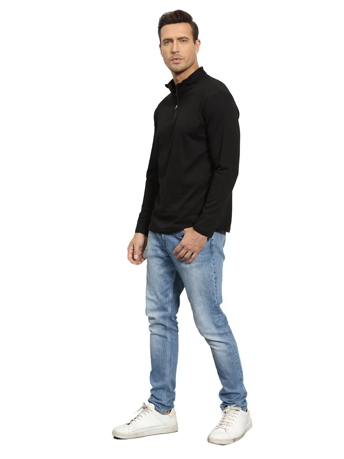Rela Bota Mens Quarter-Zip Shirts Long Sleeve Soft Fabric Performance Running Casual Pullover Black