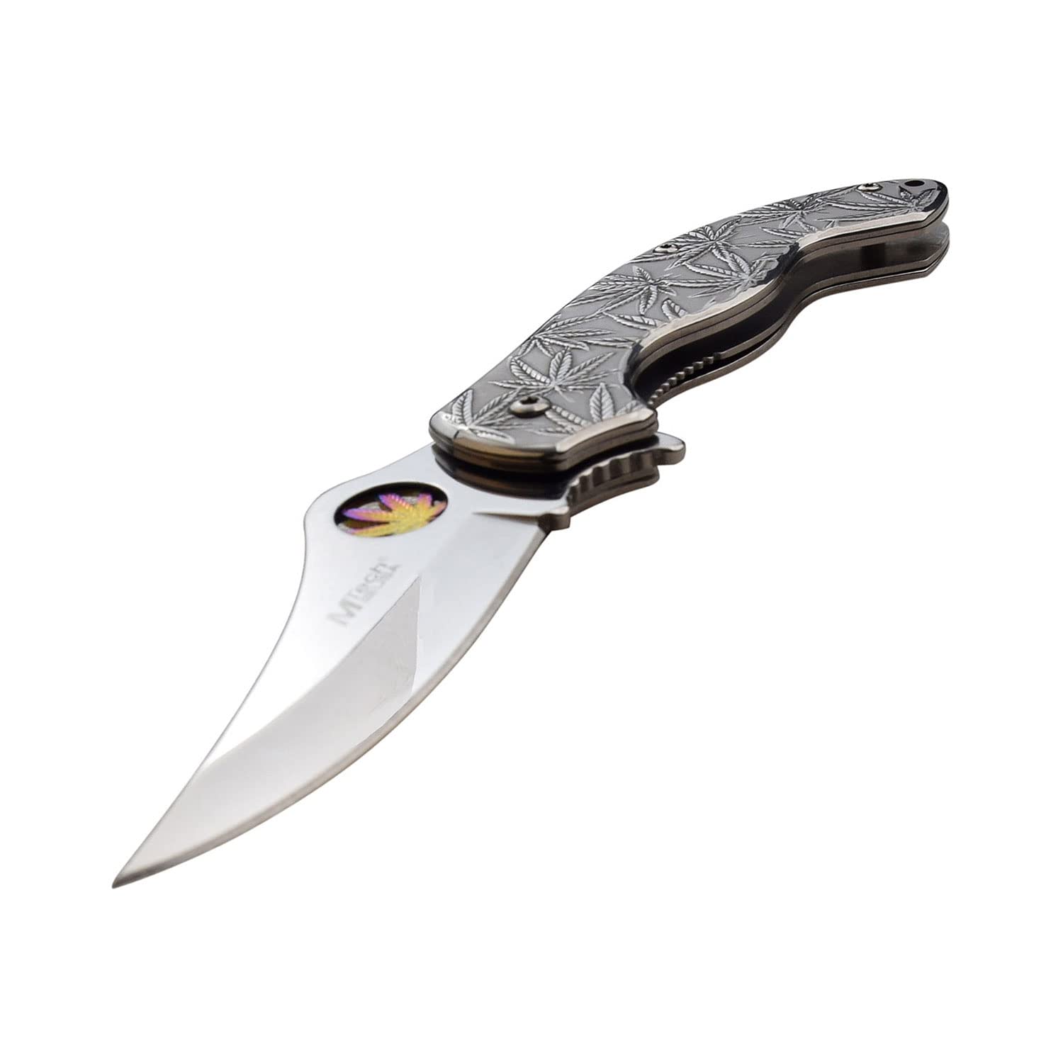 MTECH USA - Folding Knife - Mirror Polished Stainless Steel Blade w/Marijuana Leaf Cut Out, Polished Steel Handle w/Stamped Leaf Design, Pocket Clip, Liner Lock โ MT-A1172MR