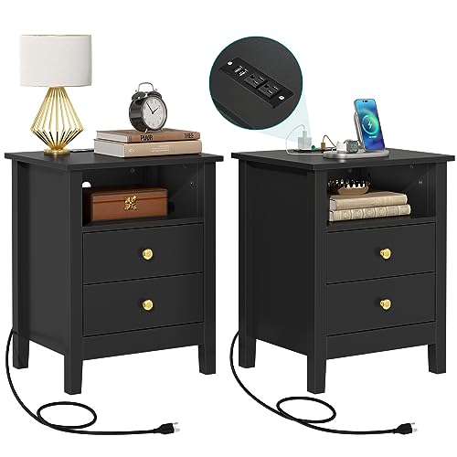 YITAHOME Nightstand with Charging Station, Night Stands with 2 Drawers for Bedroom, Modern Bedside Table End Side Table with USB Ports and Outlets, Set of 2, Black