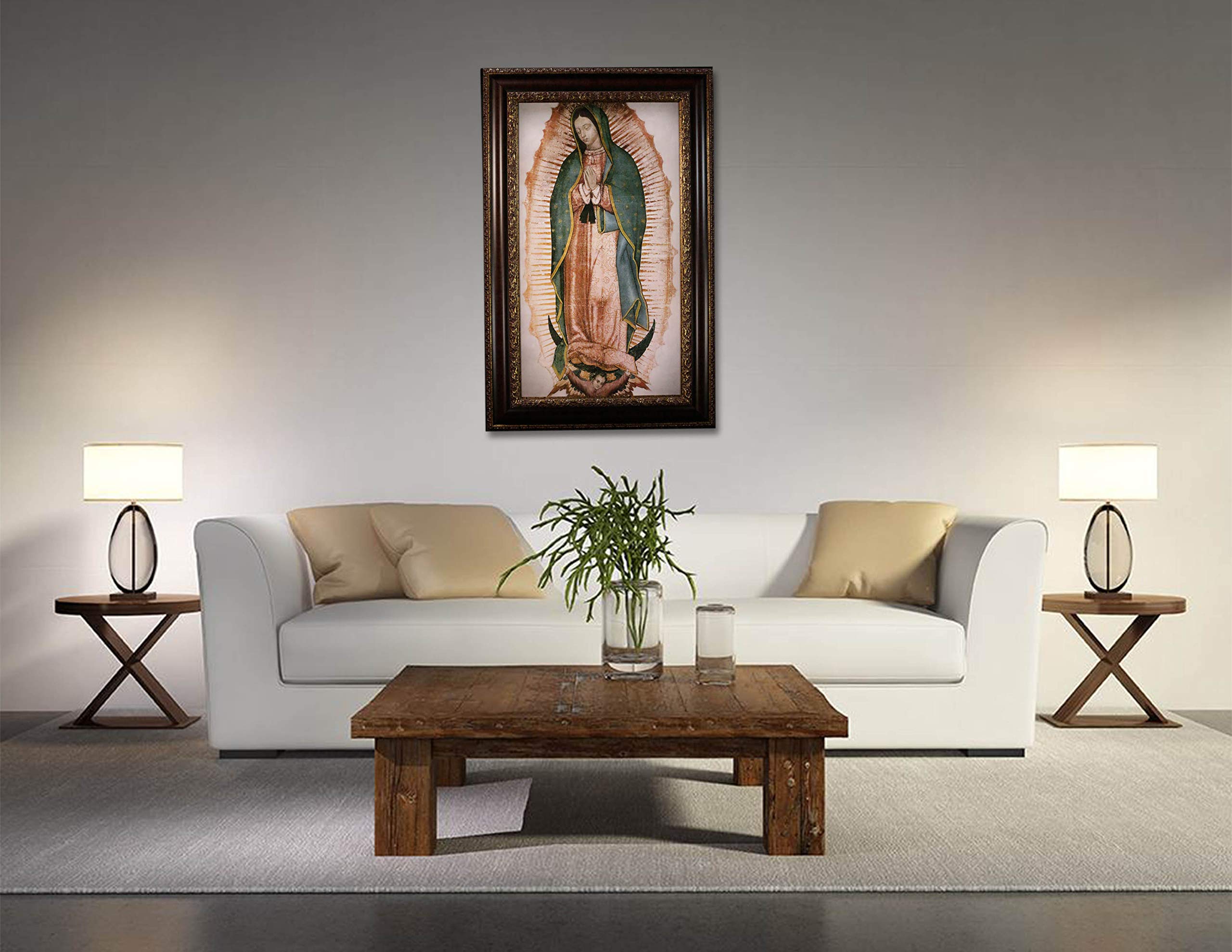 Mom’s Art Studio - Virgen de Guadalupe Wall Decor 44 X 27.75 Inches, Virgin Mary Print, Museum Look Art Frame, Artist’s Acrylic Coating, Wall Art for Home Decor (Large, Gold Spot)