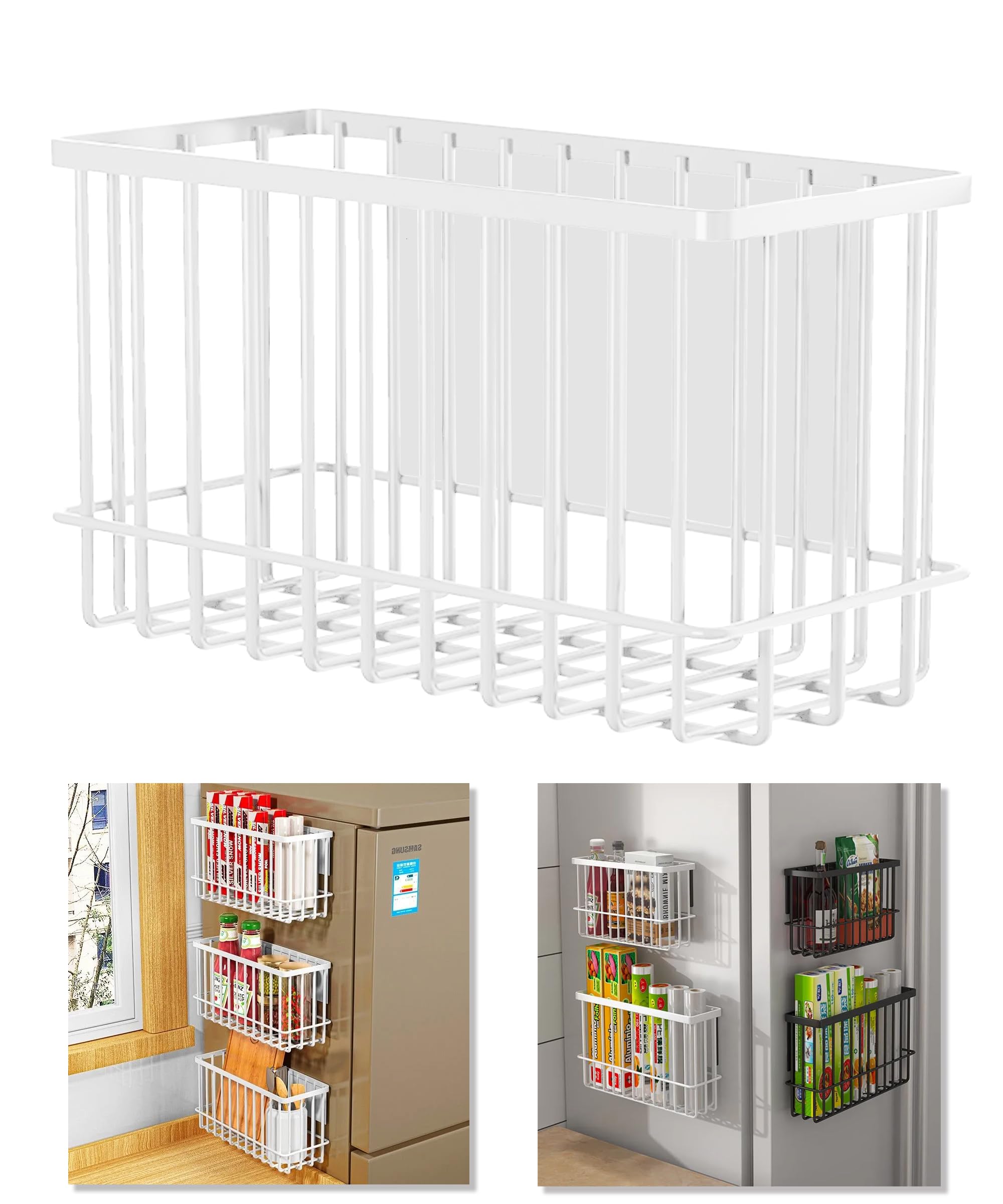 Magnetic Refrigerator Organizer Magnetic Basket Kitchen Organizer Metal Ziplock Bag Storage Organizer (White)