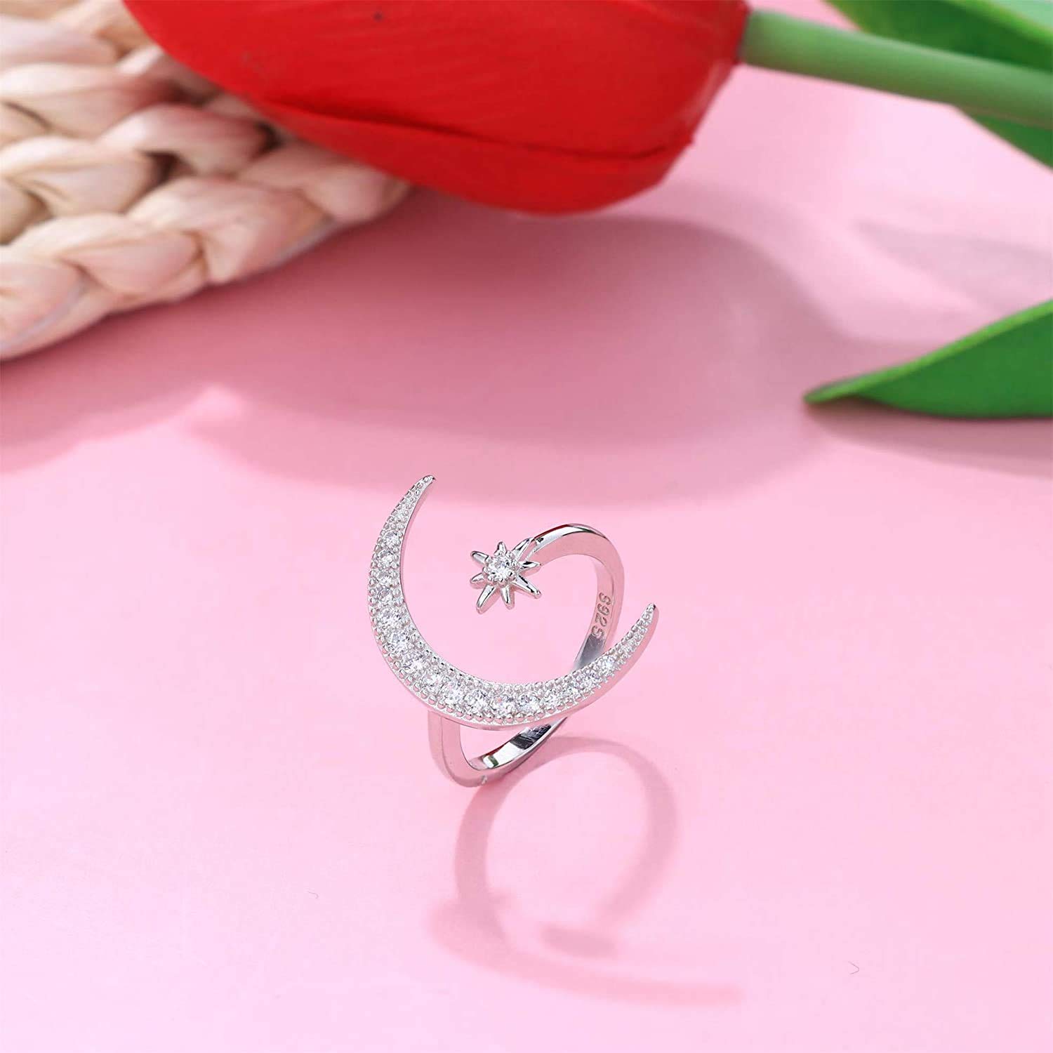MILACOLATO Sterling Silver Moon Rings for women Adjustable Platinum Plated 5A Cubic Zirconia Crescent Moon Star Rings
