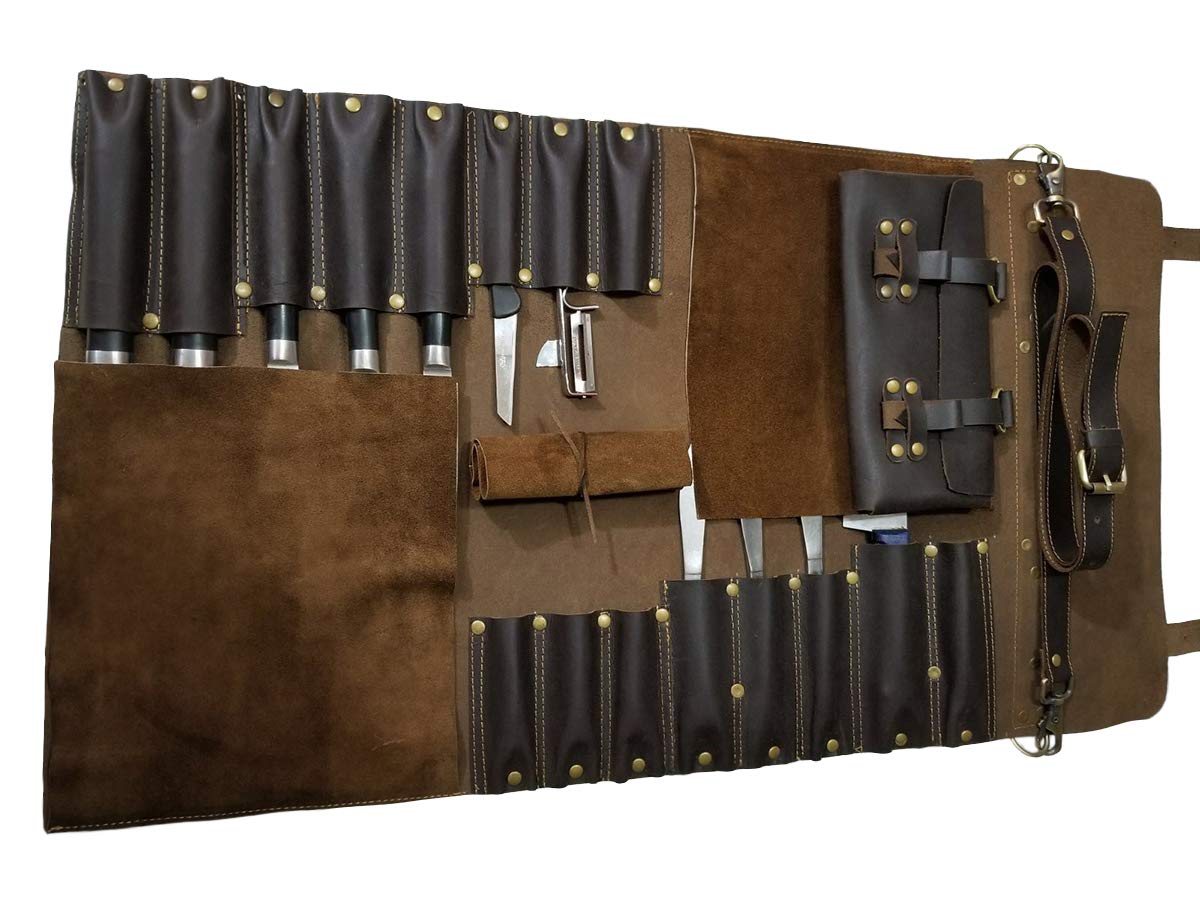 PROFESSIONAL CHEF Lightweight Genuine Premium Dark Brown Leather Large Chef Knife Bag/Knife Roll 16 Slots Space #K015