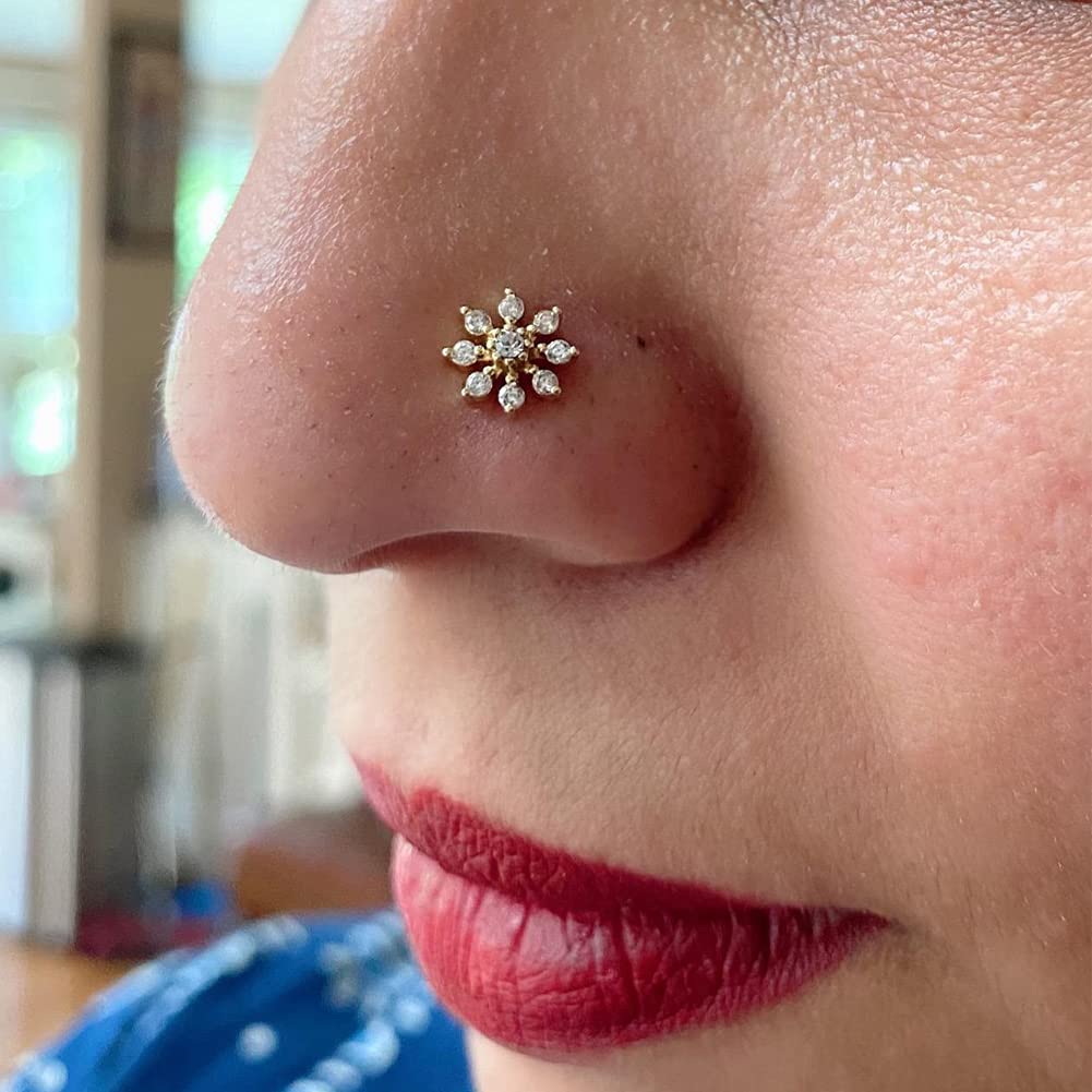 MODRSA Nose Studs 20g Nose Stud L Shaped Diamond Nose Rings Stud for Women Surgical Steel Nose Rings Nose Screw Nose Piercing Stud Flower Heart Nostril Jewelry Silver