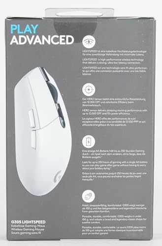 Logitech G305 Lightspeed Wireless Gaming Mouse, Hero Sensor, 12000 DPI, Lightweight, 6 Programmable Buttons, 250h Battery Life, On-Board Memory, PC/Mac - White (German Packaging)