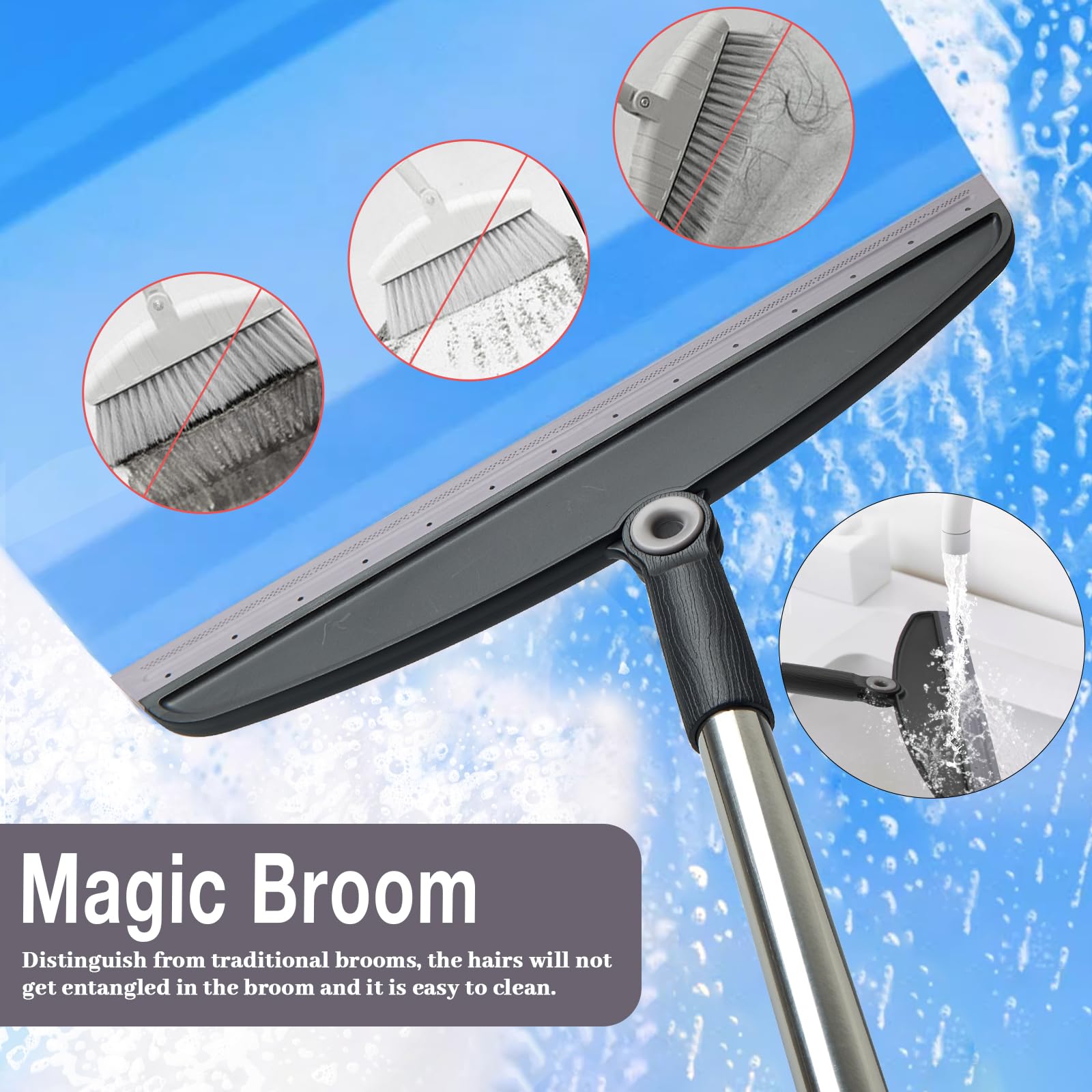 XXFLOWER Silicone Air Broom,Multifunction Magic Broom with Long Handle,Adjustable Rubber Squeeze Broom Sweeping Water,Pet Hair Remover for Carpet,Kitchen,Concrete Floor,Bathroom Tile(Charcoal)