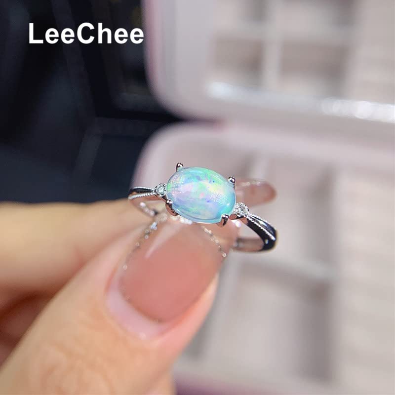 Real Opal Ring 6x8MM Natural Colorful Gemstone Fine Jewelry 925 Sterling Silver for Women Anniversary Party Gift Simple Design