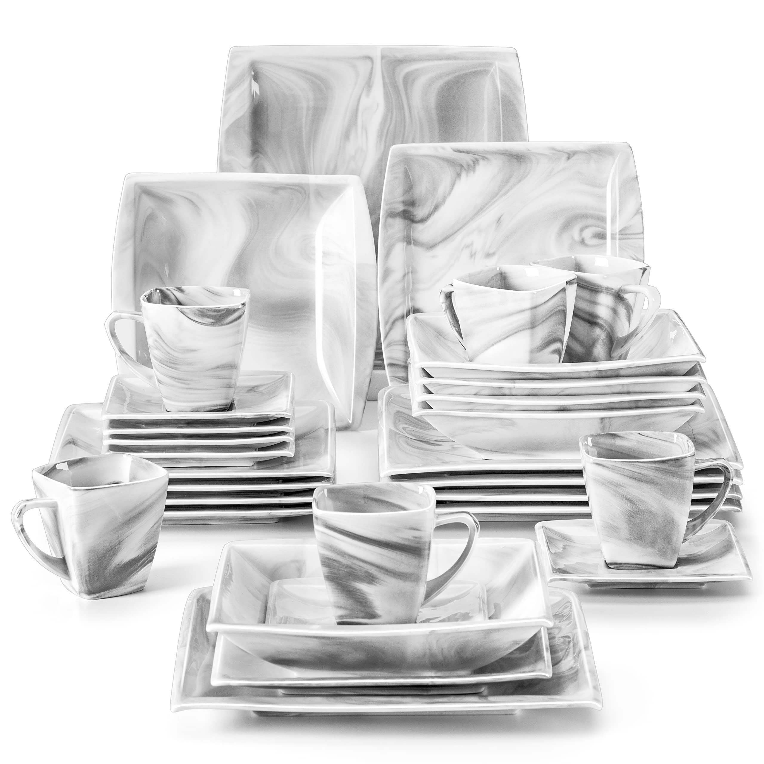 MALACASA Ivory White Dinnerware Set, 30-Piece Square Plates and Bowls Sets, Porcelain Dish Set with Dinner Plate, Dessert Plate, Soup Plate, Cup and Saucer, Dinnerware Sets for 6, Series Monica