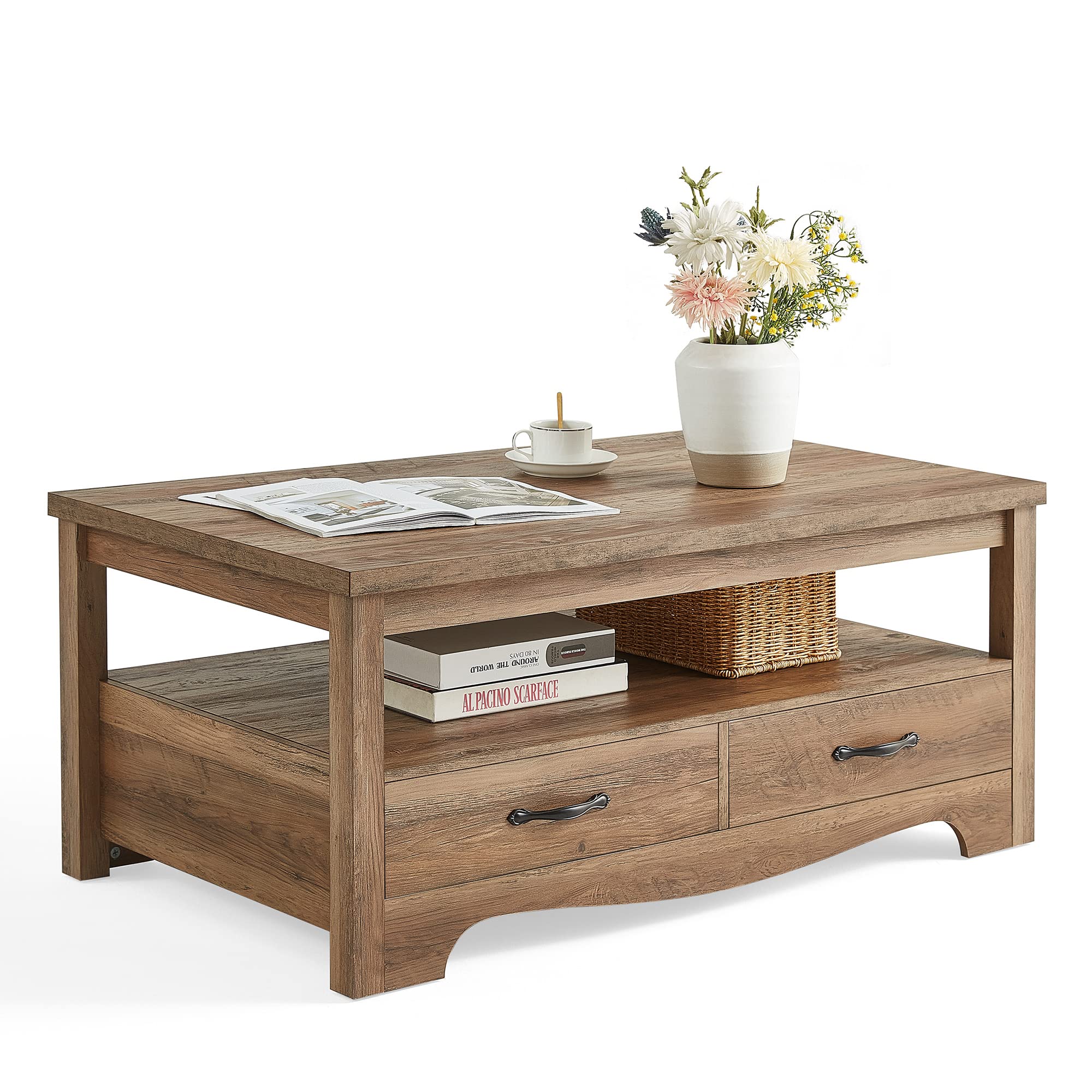 LINSY HOME Farmhouse Coffee Table with Storage, Wood Coffee Table for Living Room, Open Display Area and Storage Drawers with Metal Handles, Chic Style with Curved Base. Brown