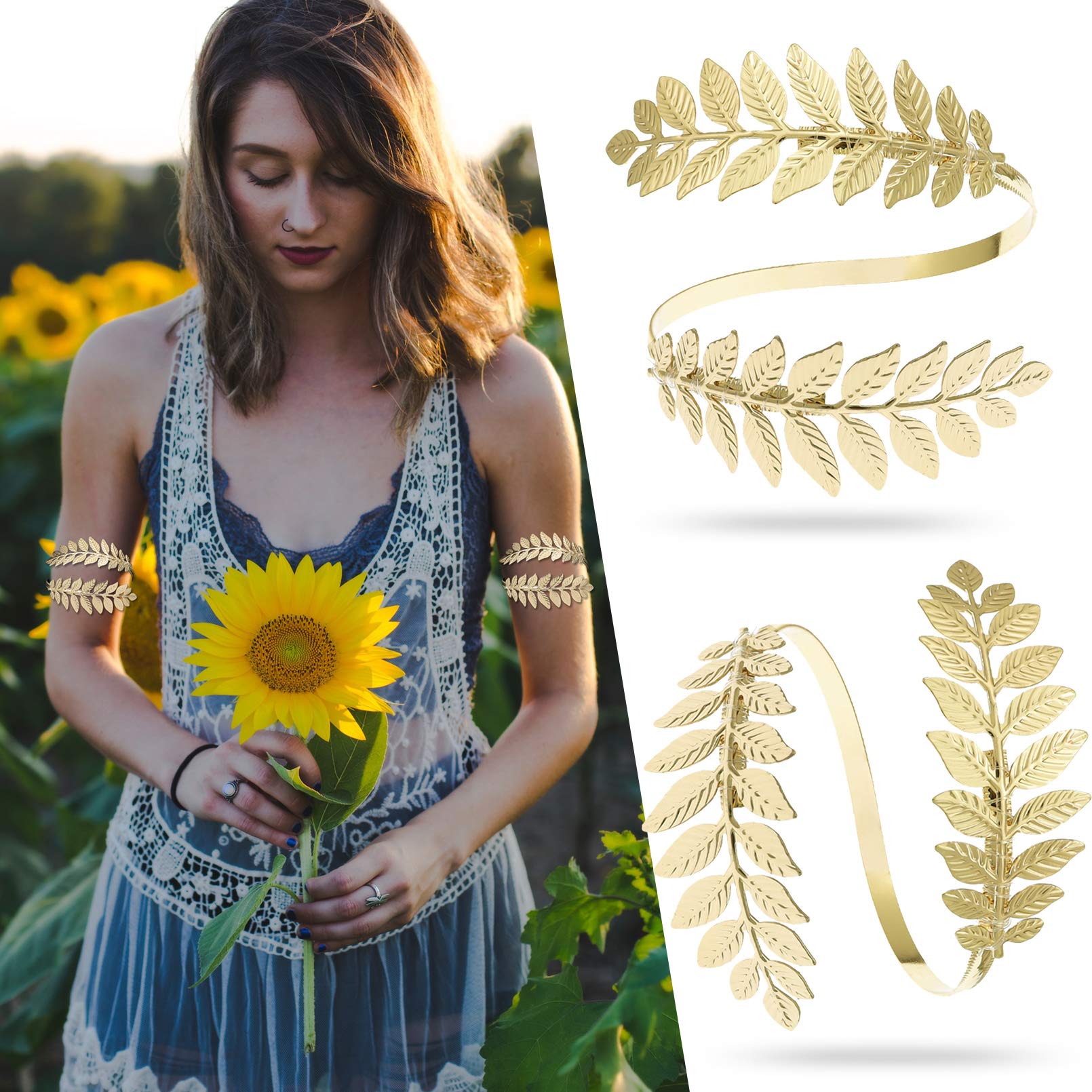 RechicGu Gold 2 Pieces Wedding Arm Bracelet Christmas Tree Leaf Cuff Bangle Band Upper Open Armlet Armband Adjustable Set Jewelry Minimalist Festival Dancer