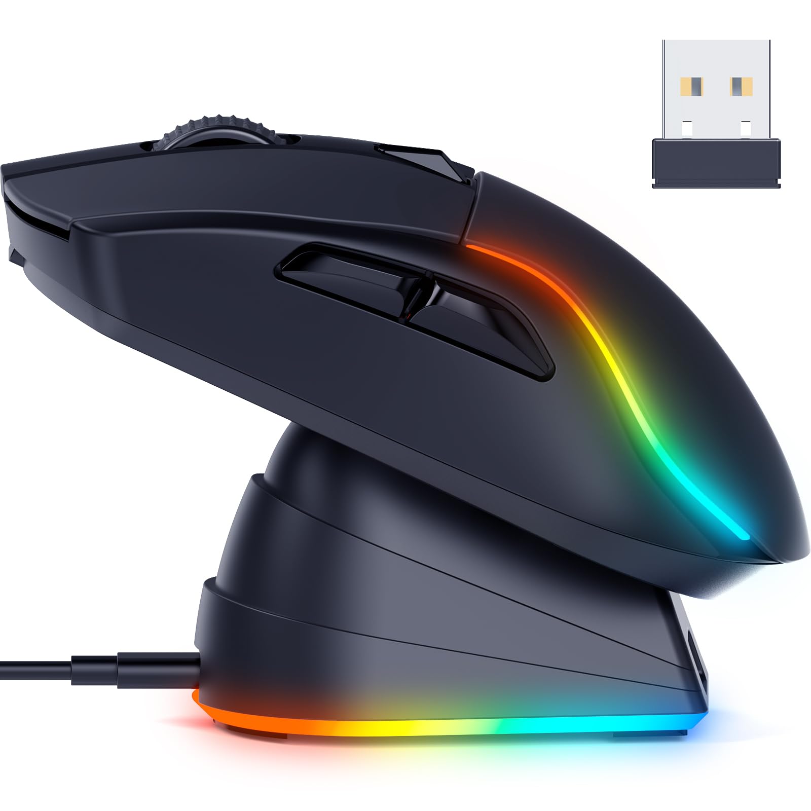 RisoPhy Wireless Gaming Mouse with RGB Magnetic Charging Dock, Lightweight Tri-Color Backlit, Buttons Fully Programmable, for PC, Mac