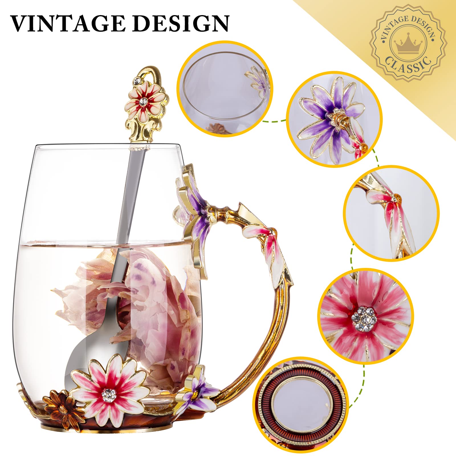 SHEEYEE Gift for Women Tea Cup with Spoon Enamel Daisy Flower Glass Teacup Tea Sets for Women Mother's Day Christmas Birthday Valentine's Day