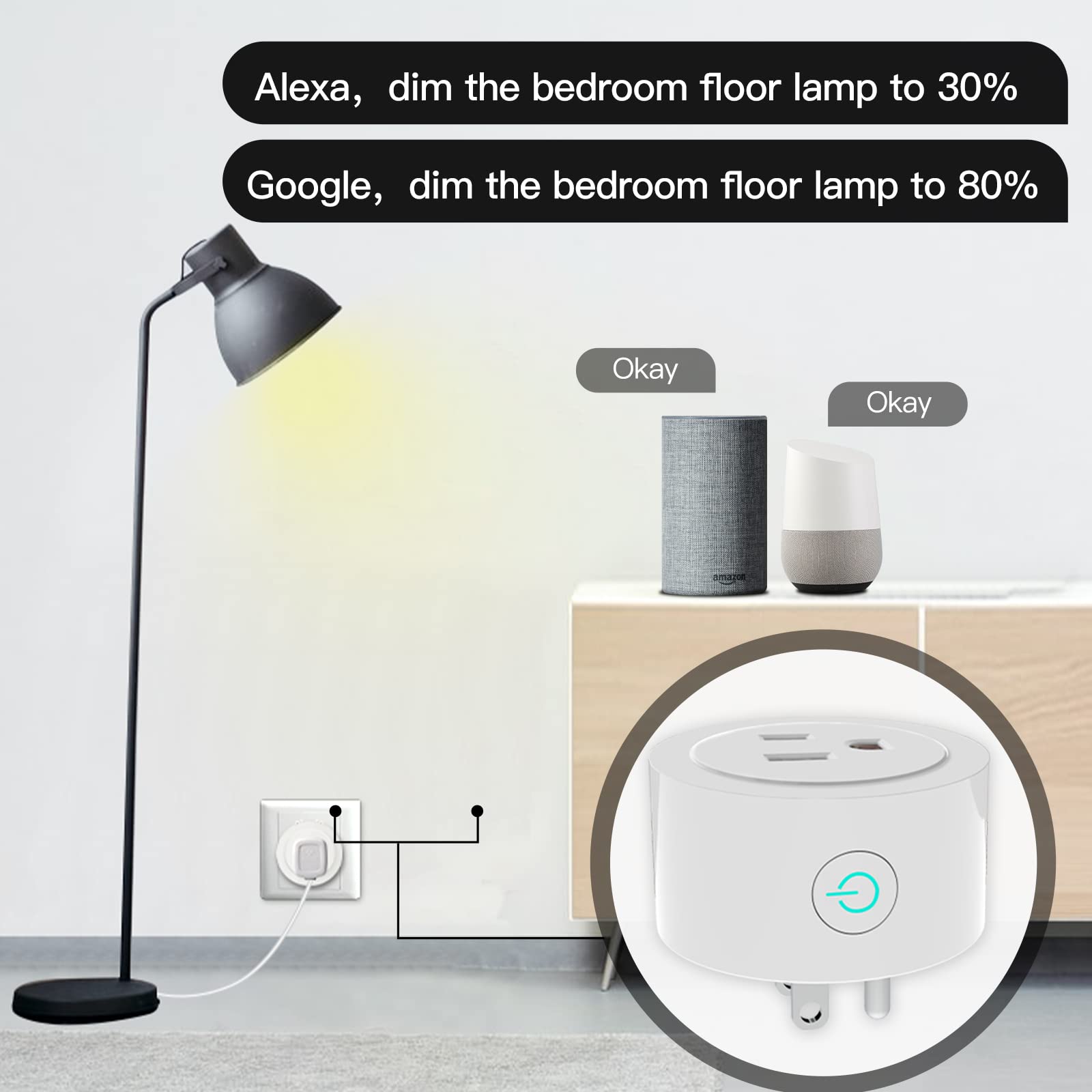 MoesGo WiFi Smart Power Dimmer Plug Socket Brightness Adjust Timer Plug Tuya Smart Life App Compatible for Amazon Alexa Google Assistant Voice Control Mini Smart Home Automation Black