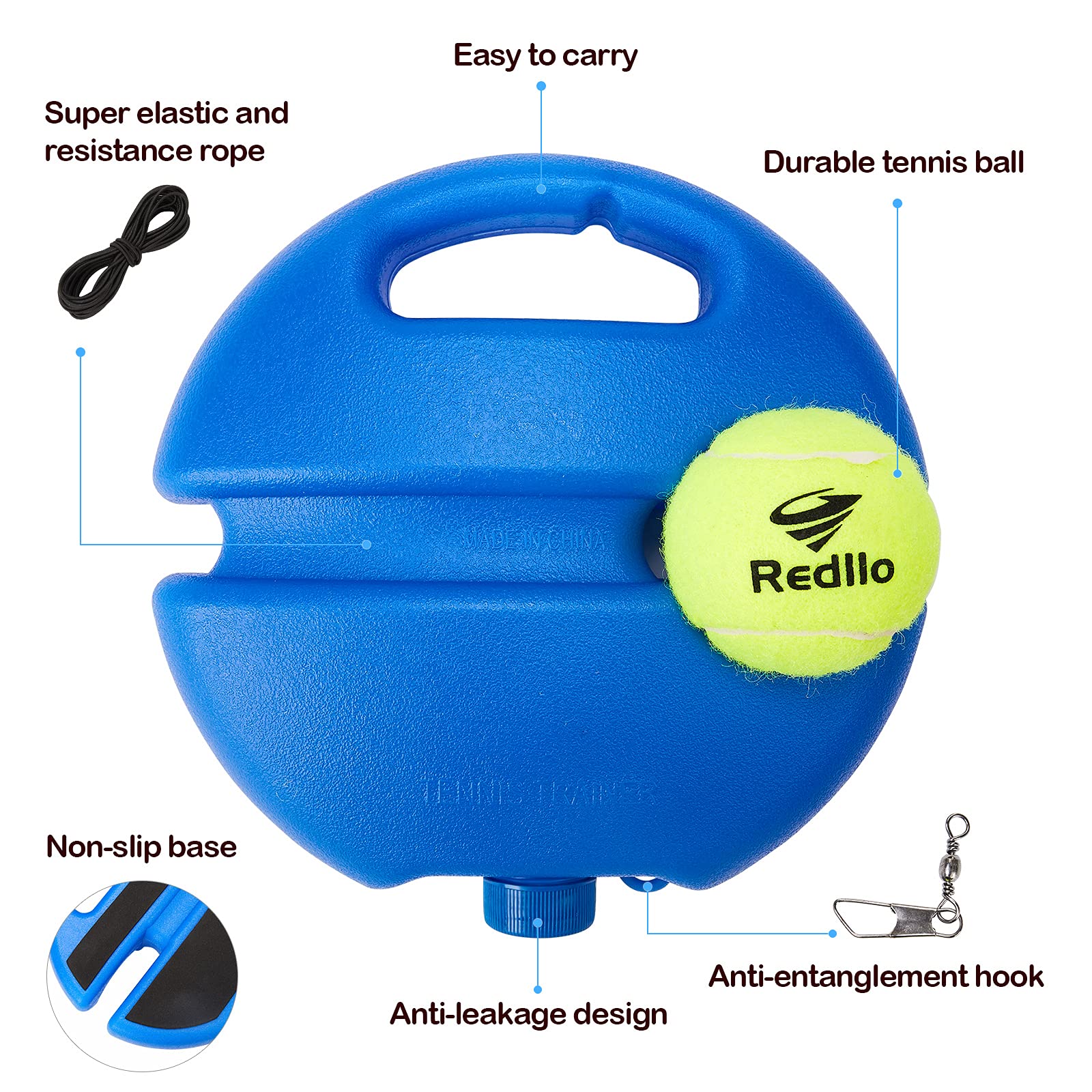 Redllo Solo Tennis Trainer Rebound -Portable Tennis Equipment for Self-Practice Includes 4 String Balls 2 Tennis Vibration Dampeners.Works for Kids, Beginners