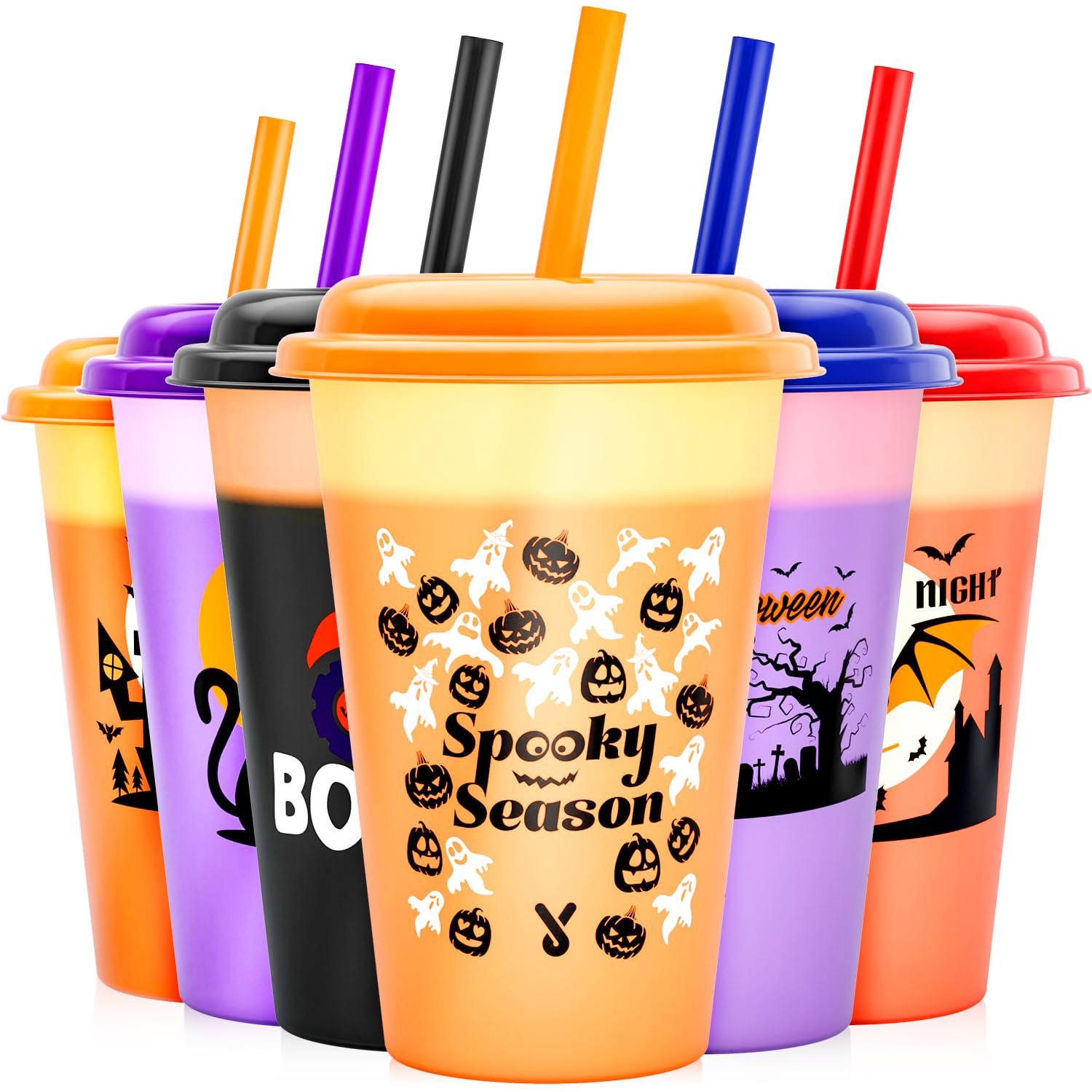 Meoky Halloween Decorations, Color Changing Cups with Lids and Straws - 6 Pack 12 oz Plastic Tumblers Bulk, Kids Cups for Halloween Party Favors