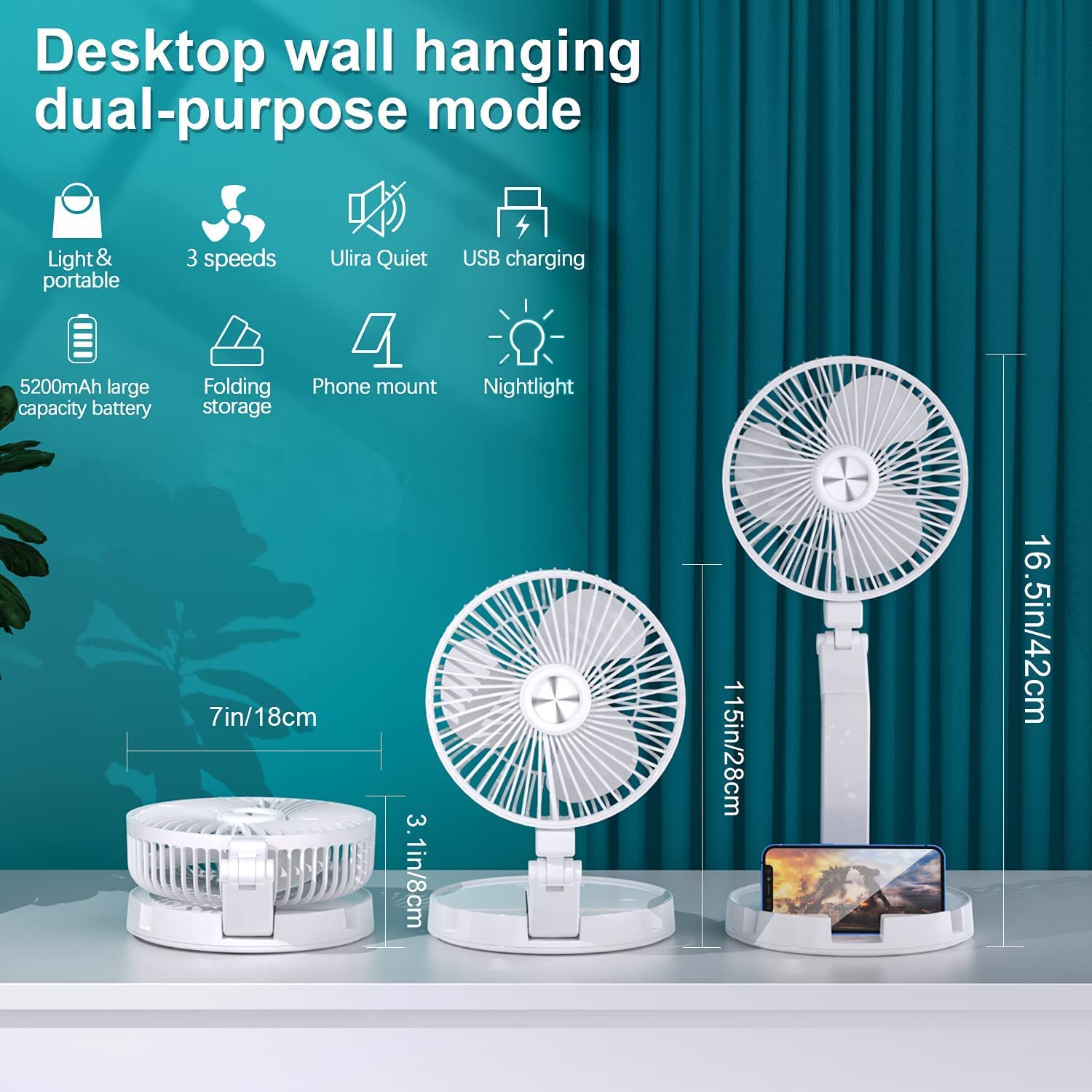 Taipow Table Fan USB Desk Fan, Portable Adjustable Folding Fan 3-level Desk Lamp Super Quiet Personal Fan with 3-speed Wind 5200mAh Rechargeable Battery for Office Home Bedroom