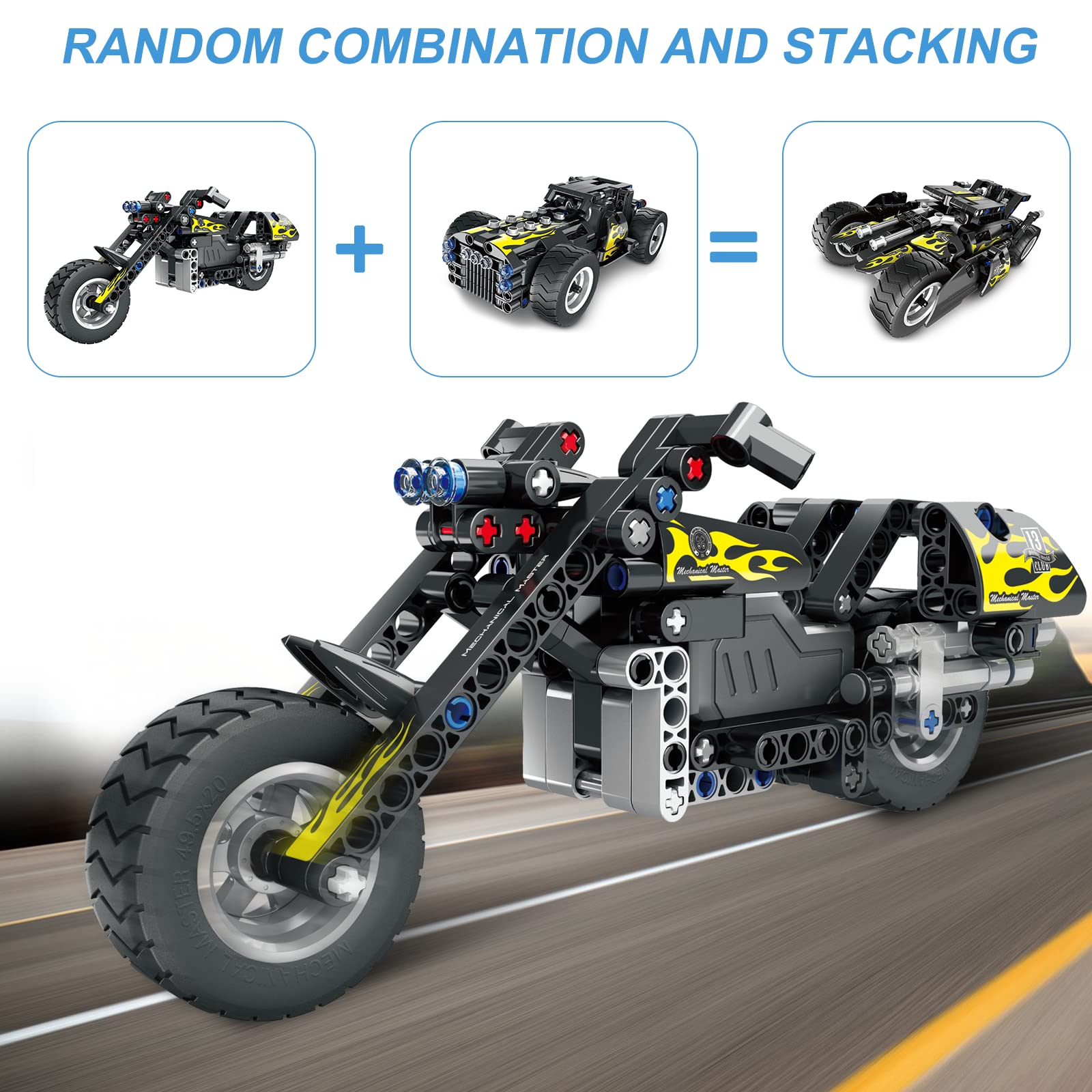 UNIQUE KIDS STEM Toy Building Kits - Motorcycle Kits & Off-Road car Kits Pull Back System Mergeable 2 in 1 System for 6,7,8,9+ Years Old Boys and Girls (Cool Motorcycle)