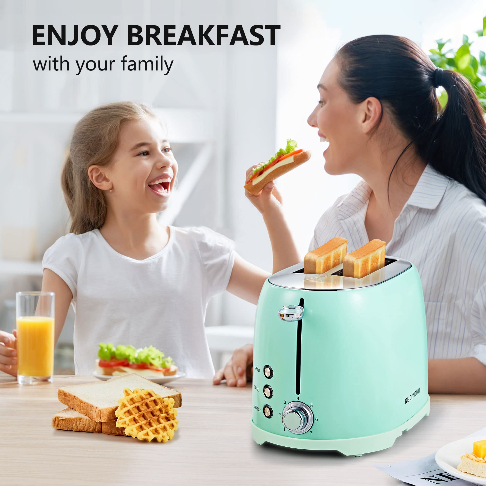 REDMOND Toaster 2 Slice, Retro Orange Stainless Steel Compact Bagel Toaster with 1.5β Extra Wide Slots, 7 Bread Shade Settings for Breakfast, 800W Tangerine