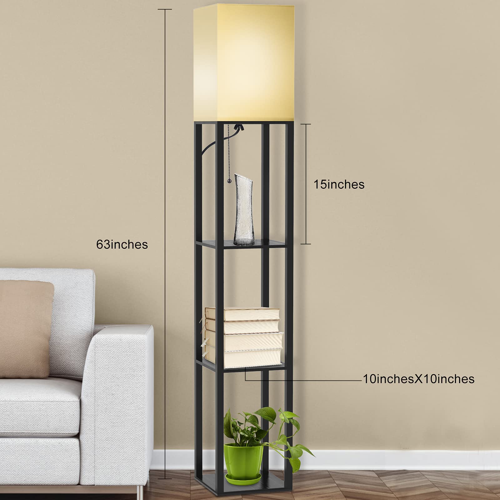 MOFFE Column Floor Lamp with Shelves, Modern Shelf Floor Lamp with 9W LED Bulb, 3 Tier Storage Display Standing Reading Lamp Narrow Corner Nightstand Light for Bedroom Living Room, Black