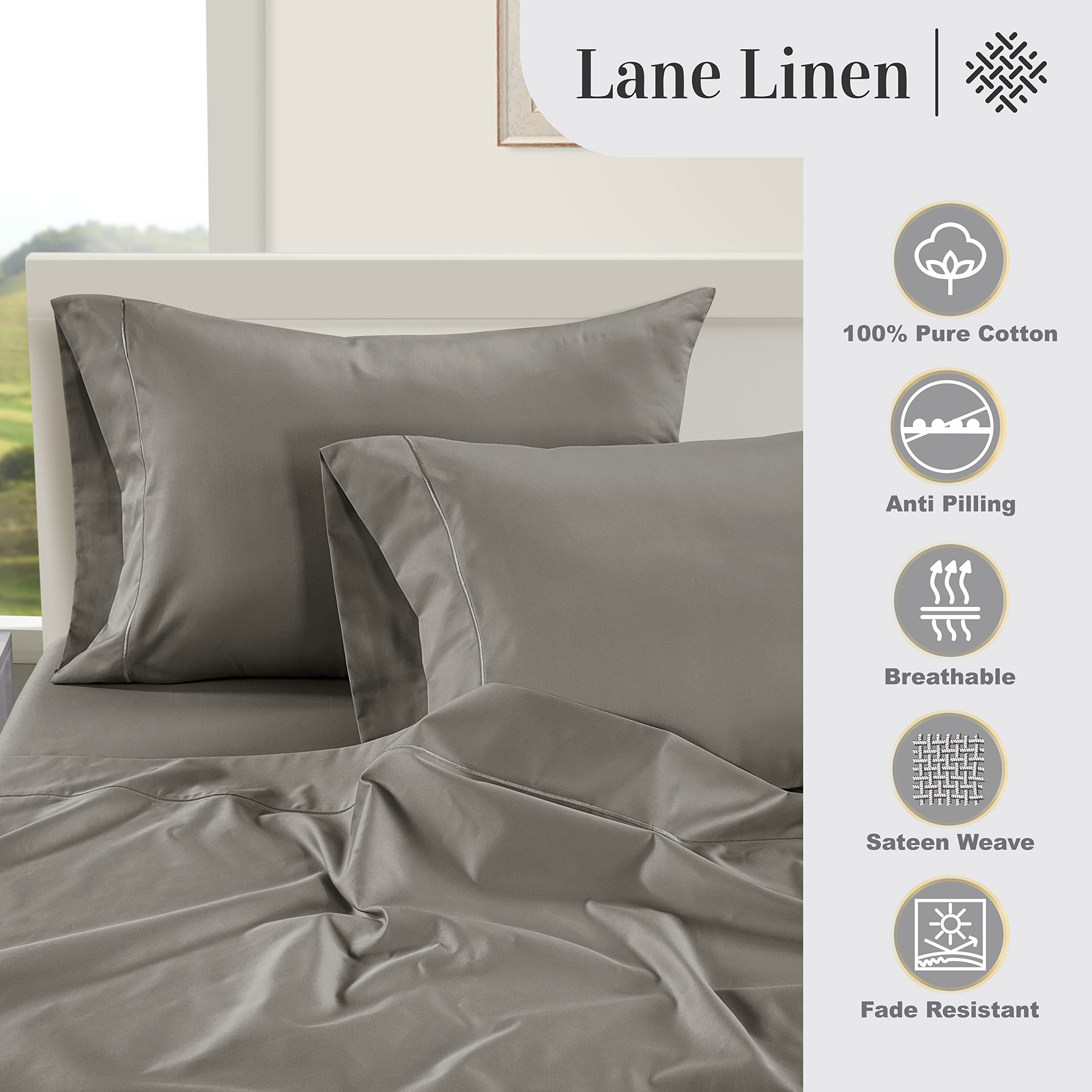 LANE LINEN 100% Egyptian Cotton Queen Sheet Set (4 Pc) - 1000 Thread Count - Sateen Weave – Luxury Hotel Bedding – Ultra Soft Queen Size Sheets Set – Bed Sheets with 16” Deep Pocket – Charcoal