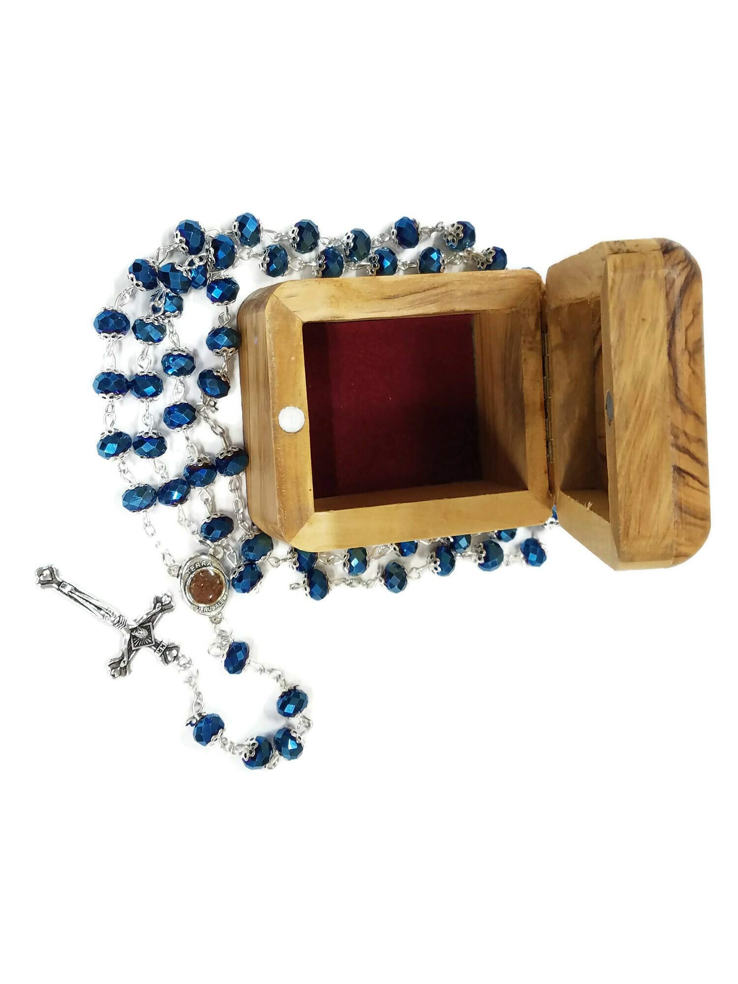 LION OF JUDAH MARKET Olive Wood First Communion Jewelry Box with Rosary Deep Blue Glass