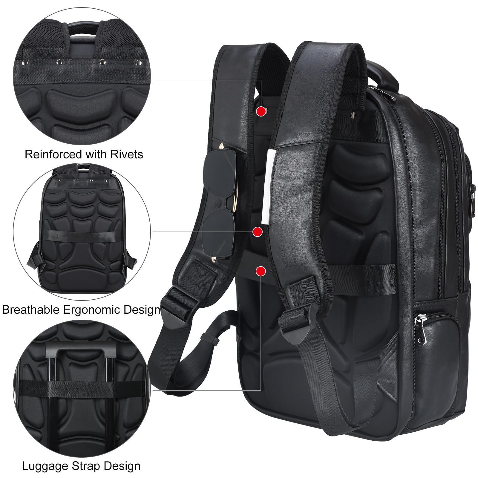 Masa Kawa Full Grain Leather 15.6 Inch Laptop Backpack for Men Black Large Business Travel Rucksack Bag Overnight Daypack