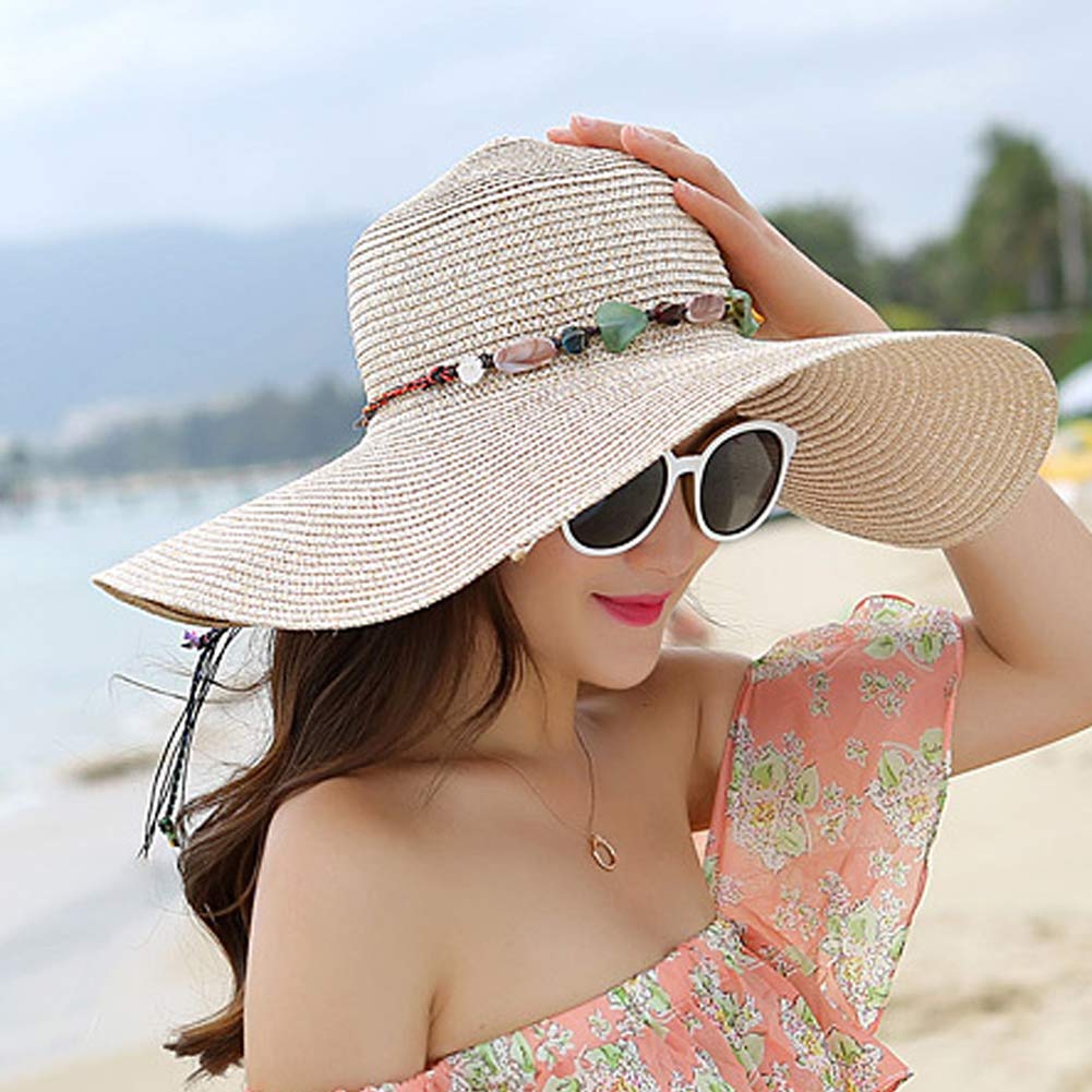 MYSNKU Womens Big Bowknot Straw Hat Large Floppy Foldable Roll up Beach Cap Sun Hat Summer UV Protection Beach Cap (Beige)